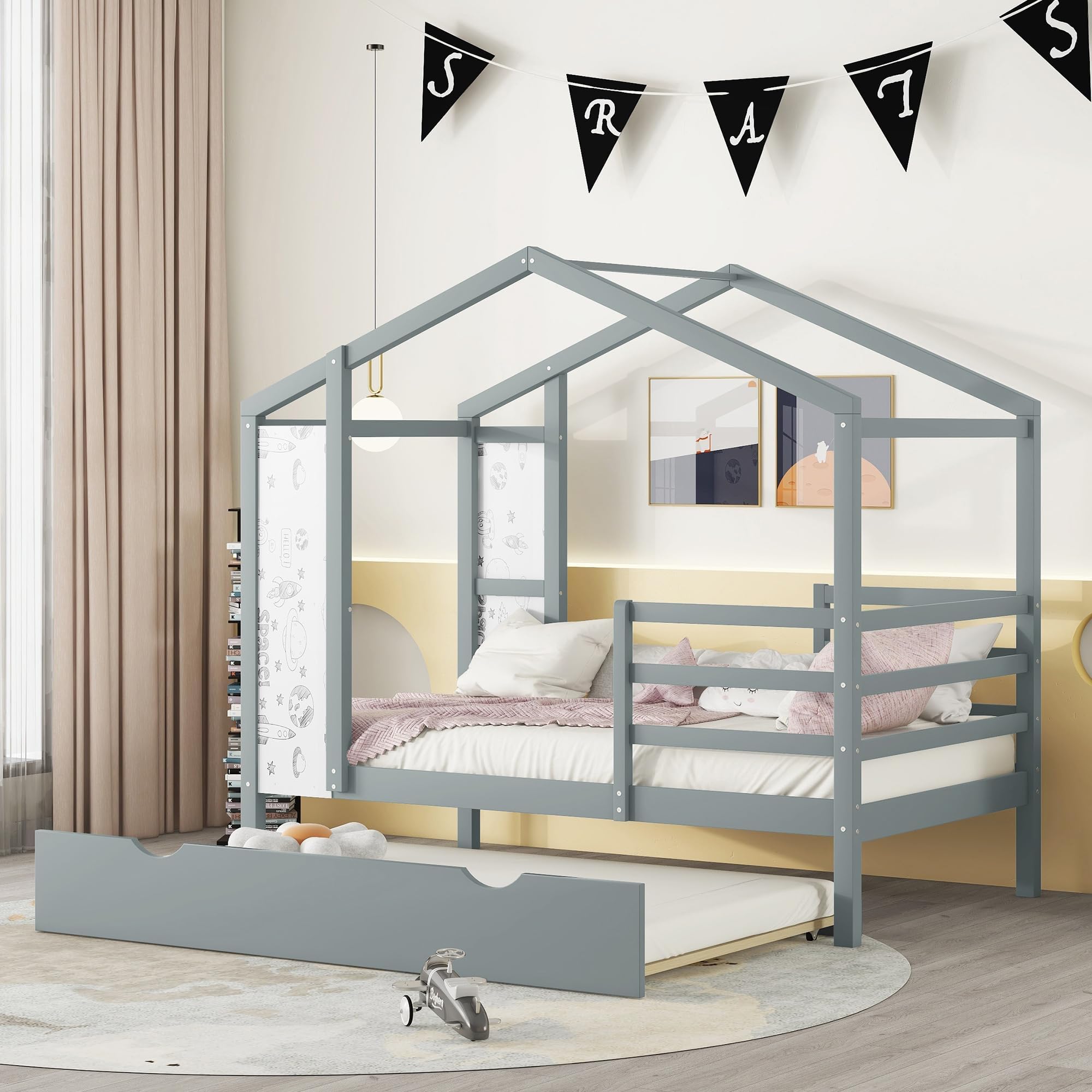 Amazon.com: Merax Twin Size Wood House Bed with Fence and Writing Board ...