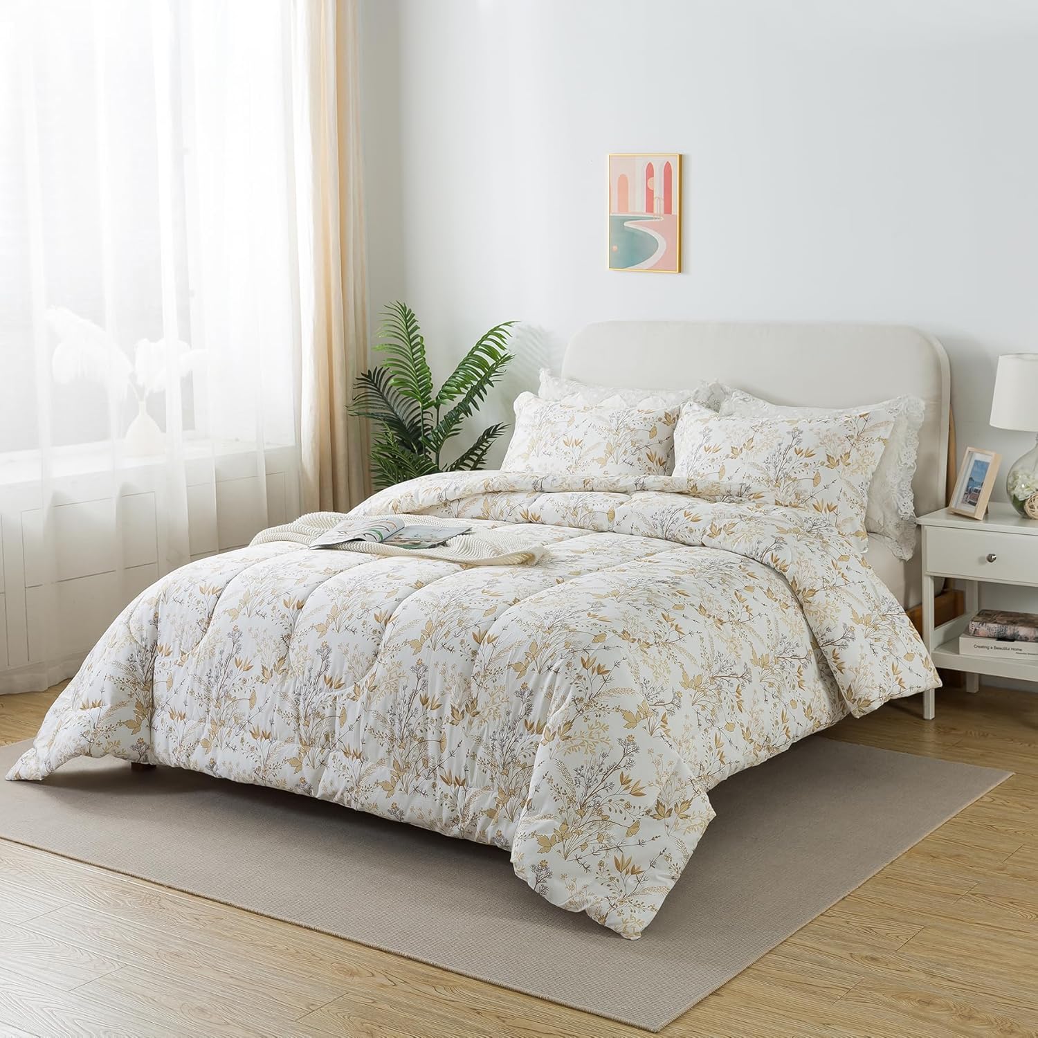 Amazon.com: Lemfux 100 Cotton Khaki Floral Pattern Summer Comforter Set ...