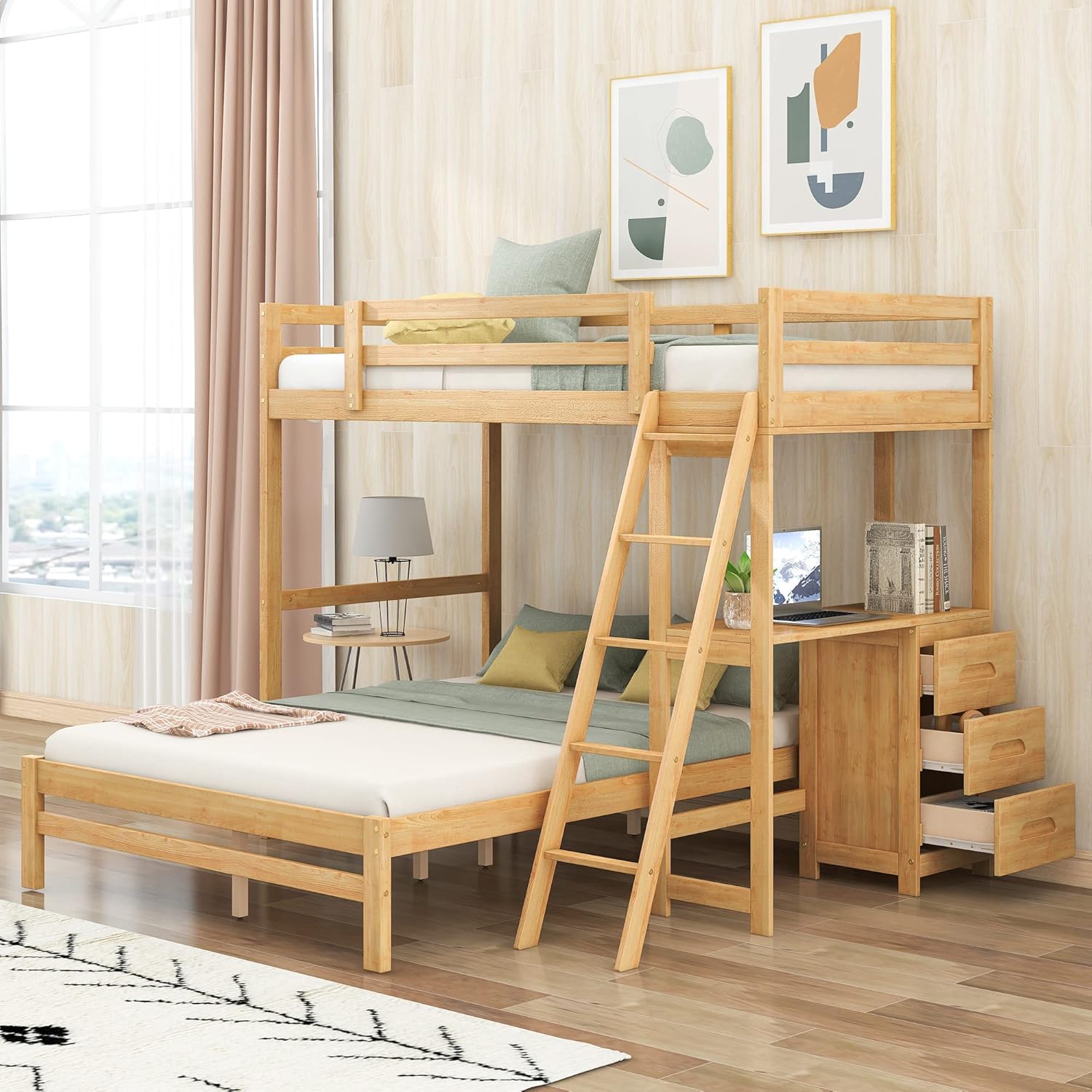 Amazon.com: Bunk Beds Twin Over Full Size with Built-in Desk and Three ...