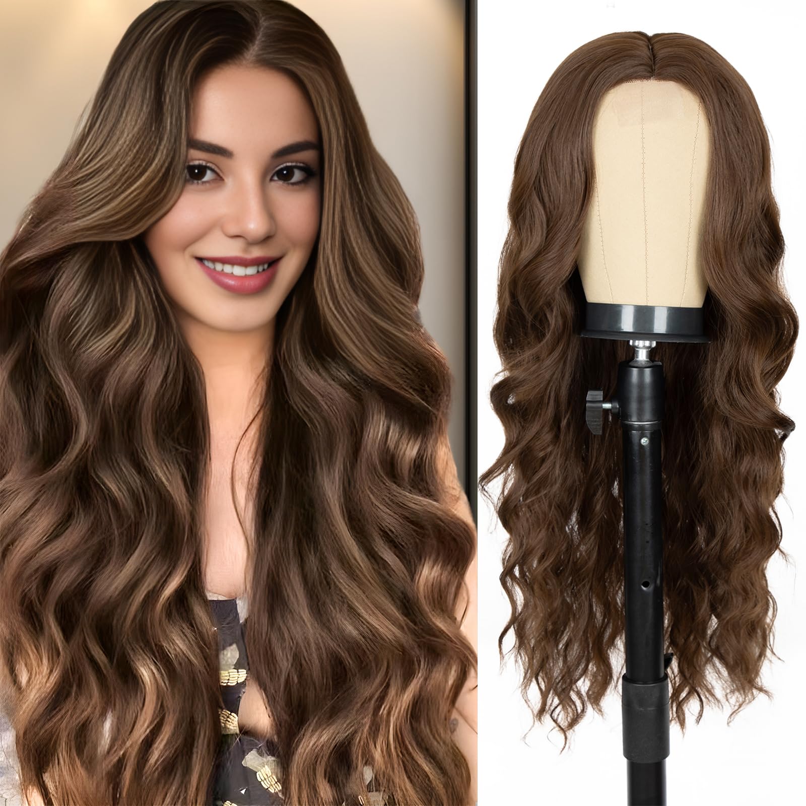 Amazon.com : Long Dark Brown Wig for Women 26 Inch Middle Part Wavy ...