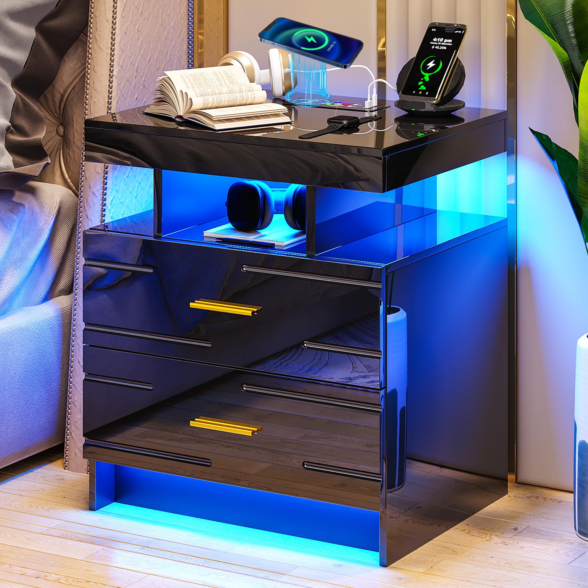 Amazon.com: FOMNEY LED Nightstand with Wireless Charging Station ＆USB ...