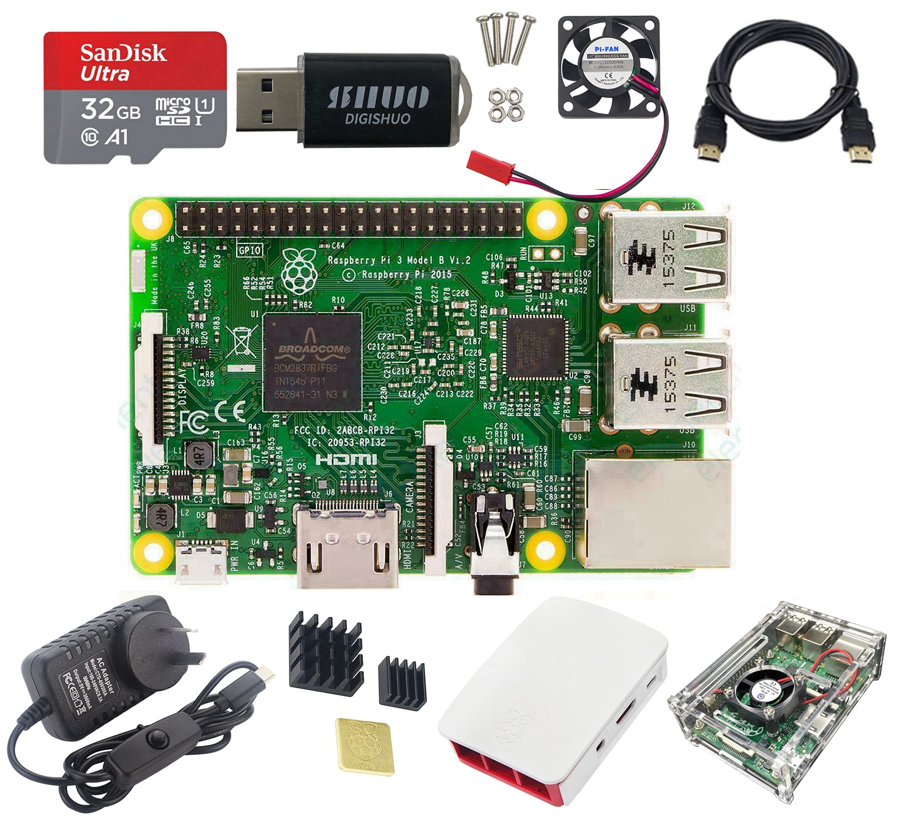 DIGISHUO 9 in 1 Kit Raspberry Pi 3 Model B Module&Official White Red ...
