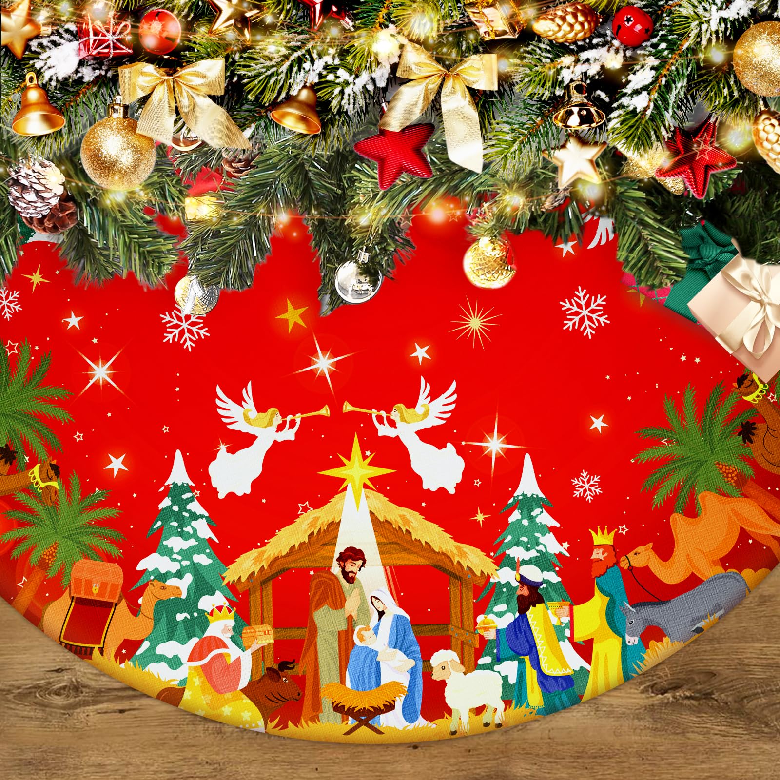 Amazon.com: HOWAF Nativity Christmas Tree Skirt,O Holy Night Tree Skirt ...