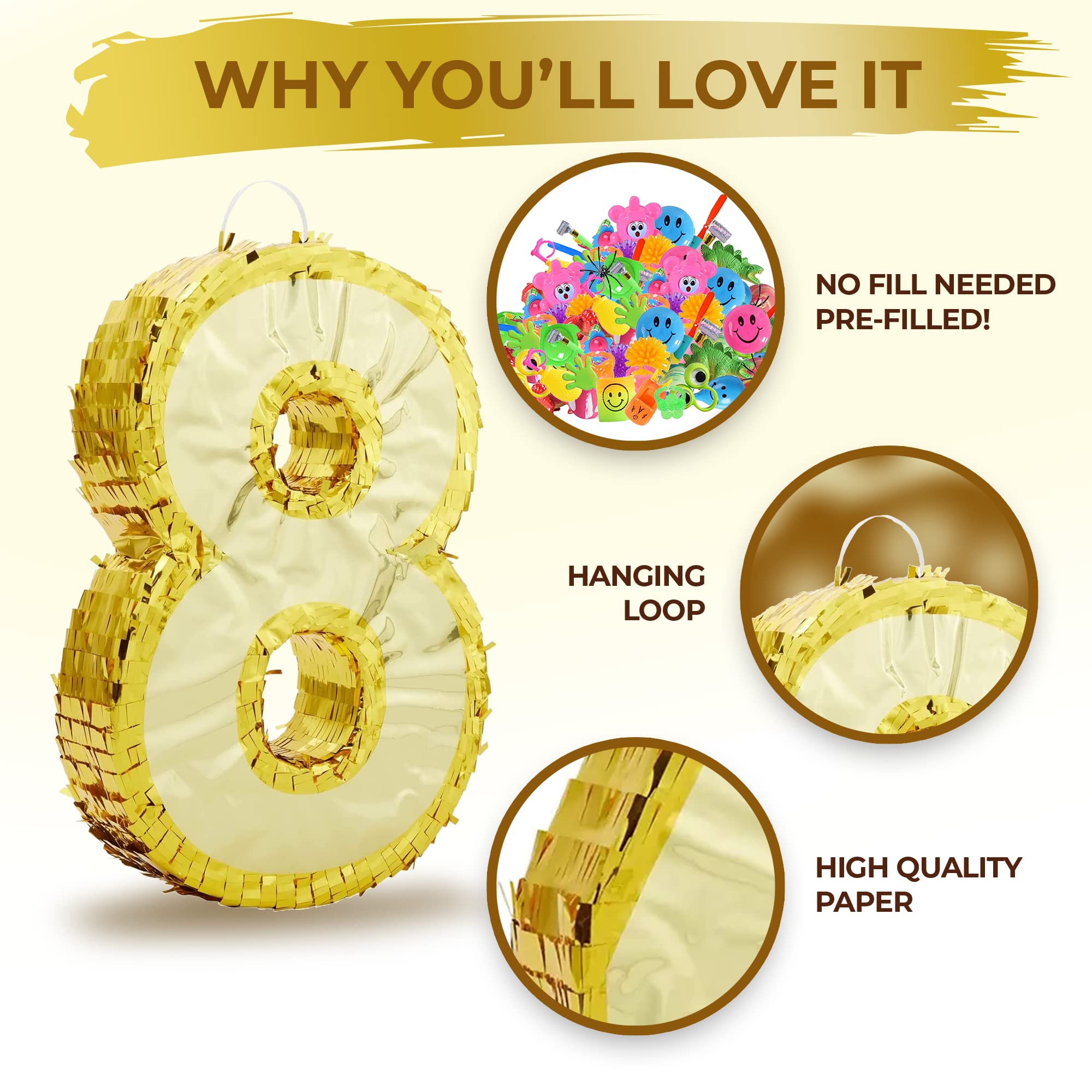 Gold Foil Number 8 Pinatas for Birthday Party for Girls & Boys with ...