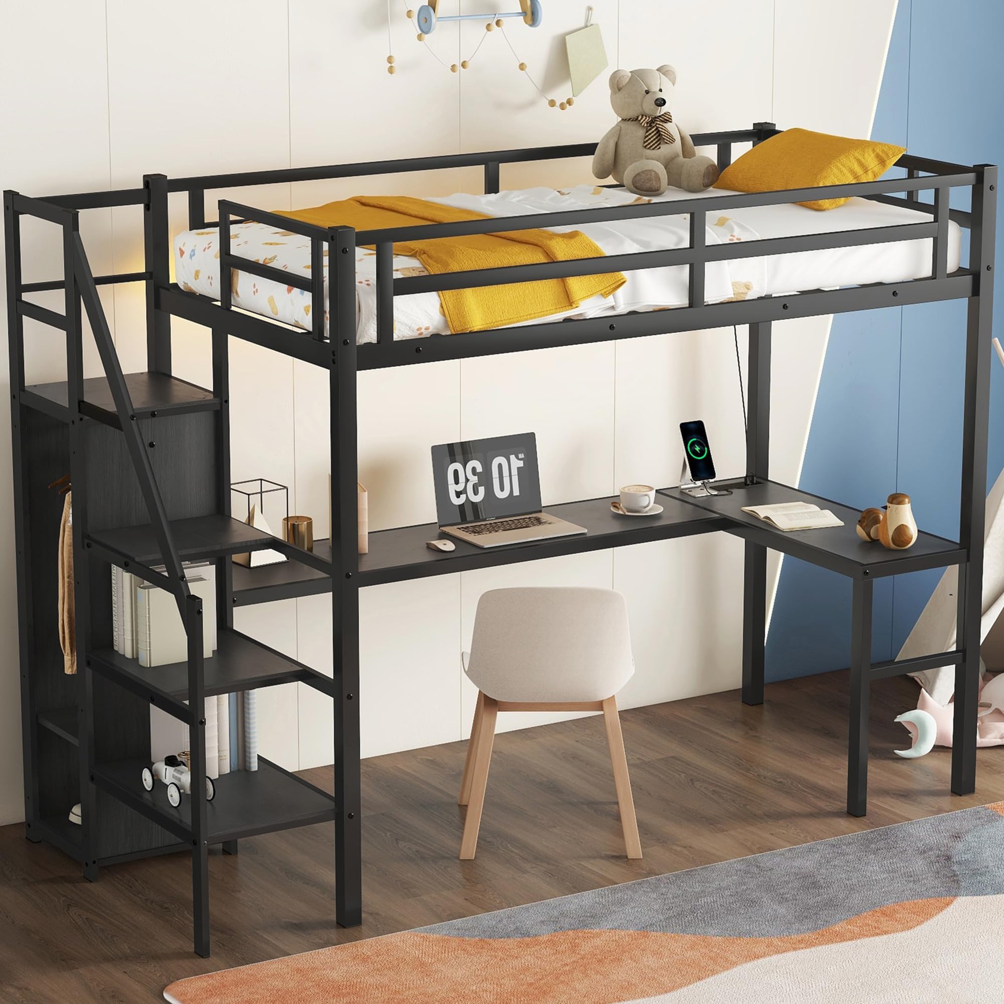 Amazon.com: Twin XL Loft Bed with Desk and Storage Stairs, RGB LED Loft ...