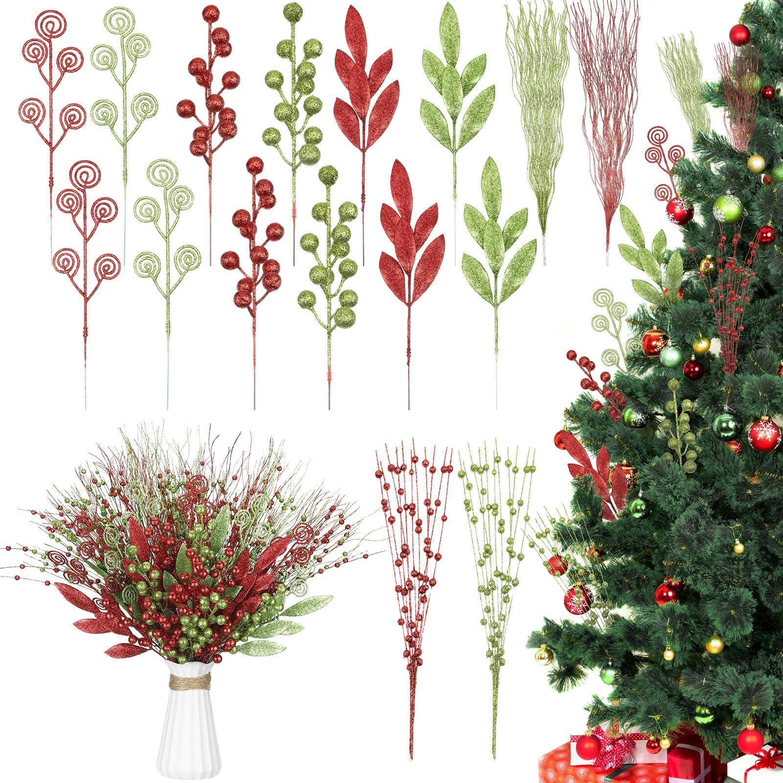 Amazon.com: 48 Pcs Christmas Red Green Artificial Glitter Curly Berry ...