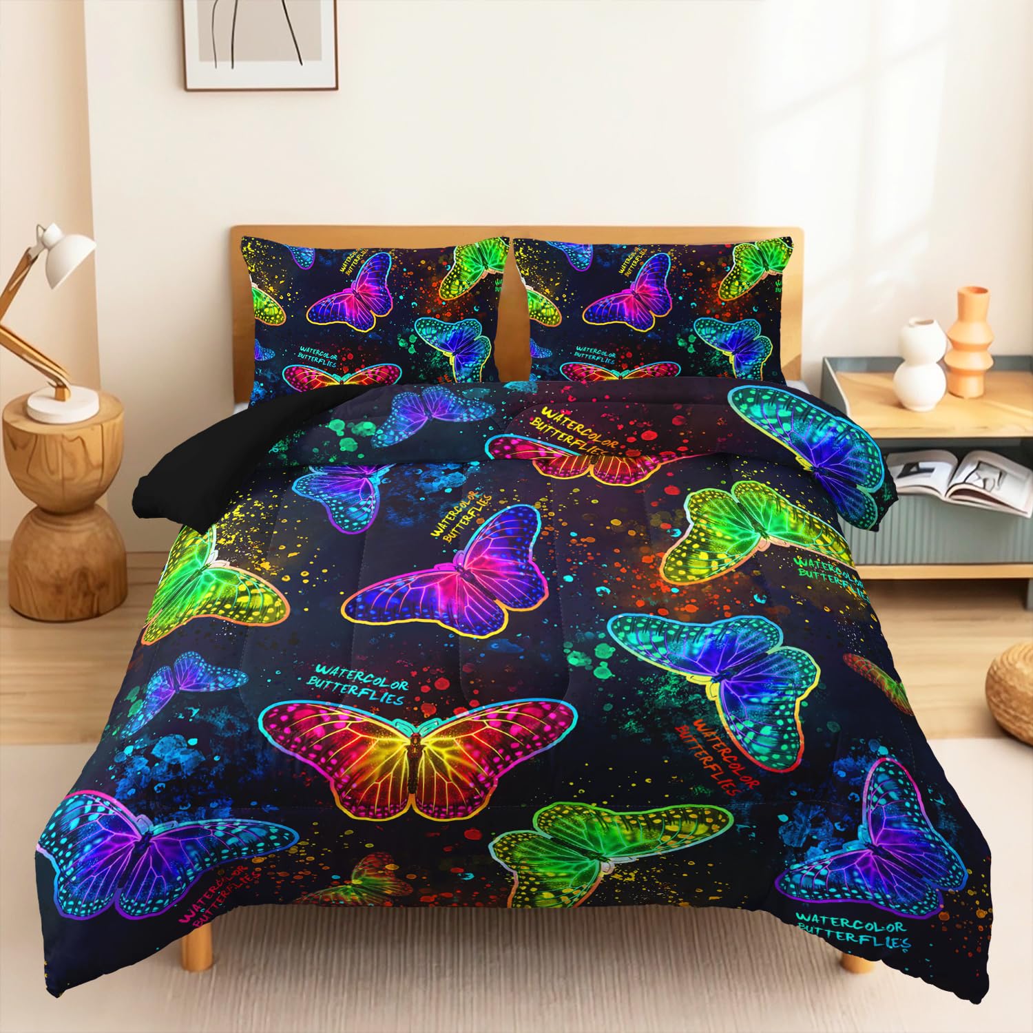 CVHOUSE Neon Butterfly Comforter Set Queen Size,Neon Watercolor ...