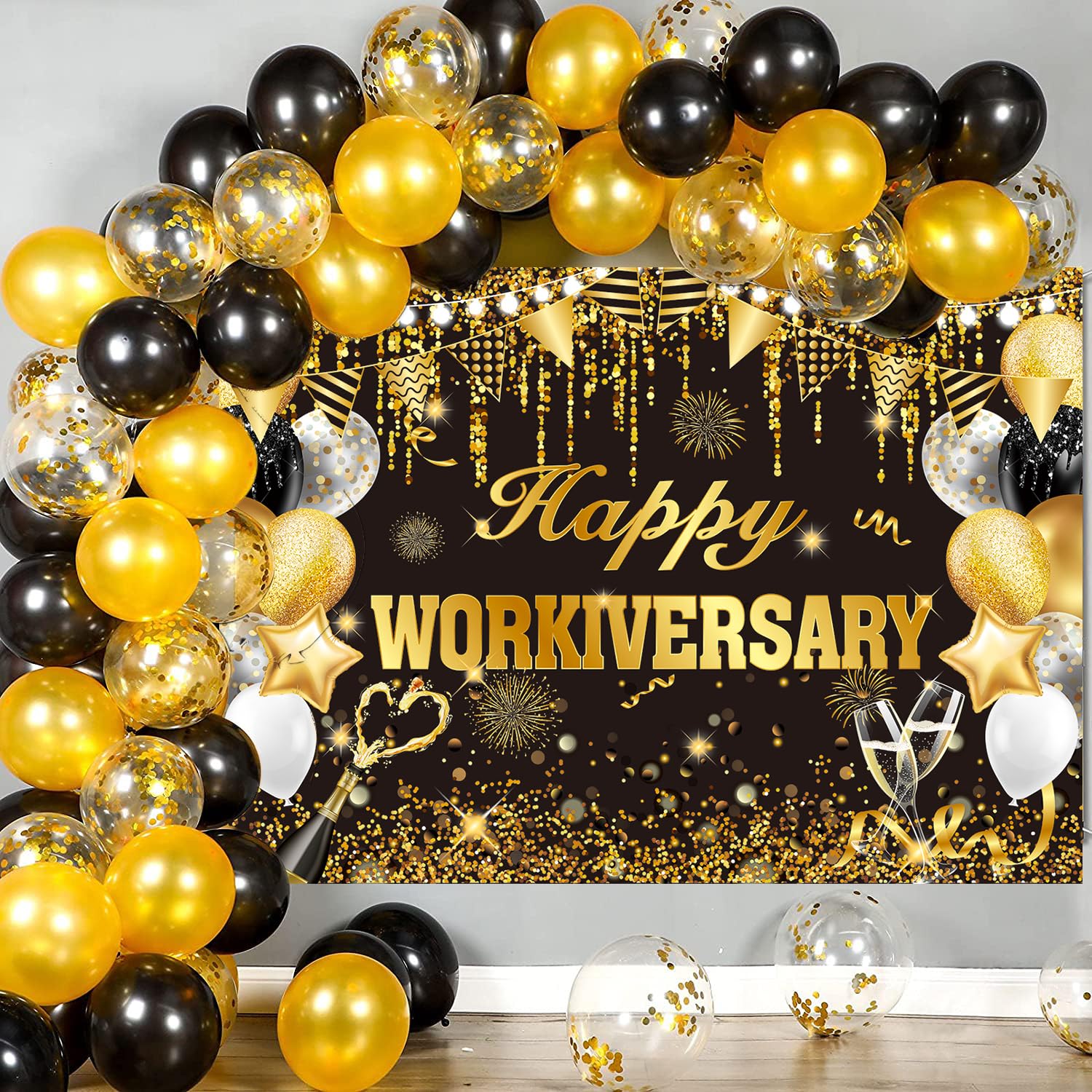 Snapklik.com : Happy Work Anniversary Banner Backdrop 8x6FT Black Gold ...