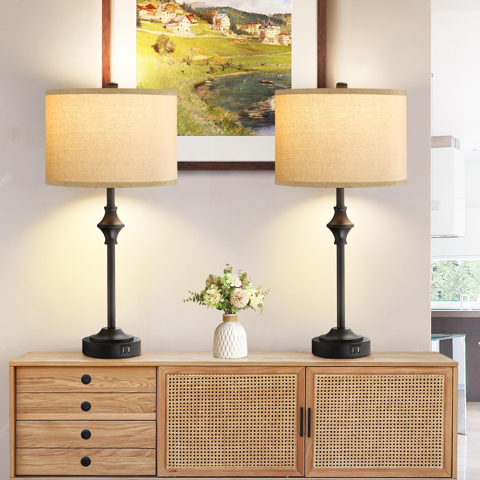 CNXIN 26" Farmhouse Table Lamps for Bedroom Set 2, Buffet Lamps with 3 ...