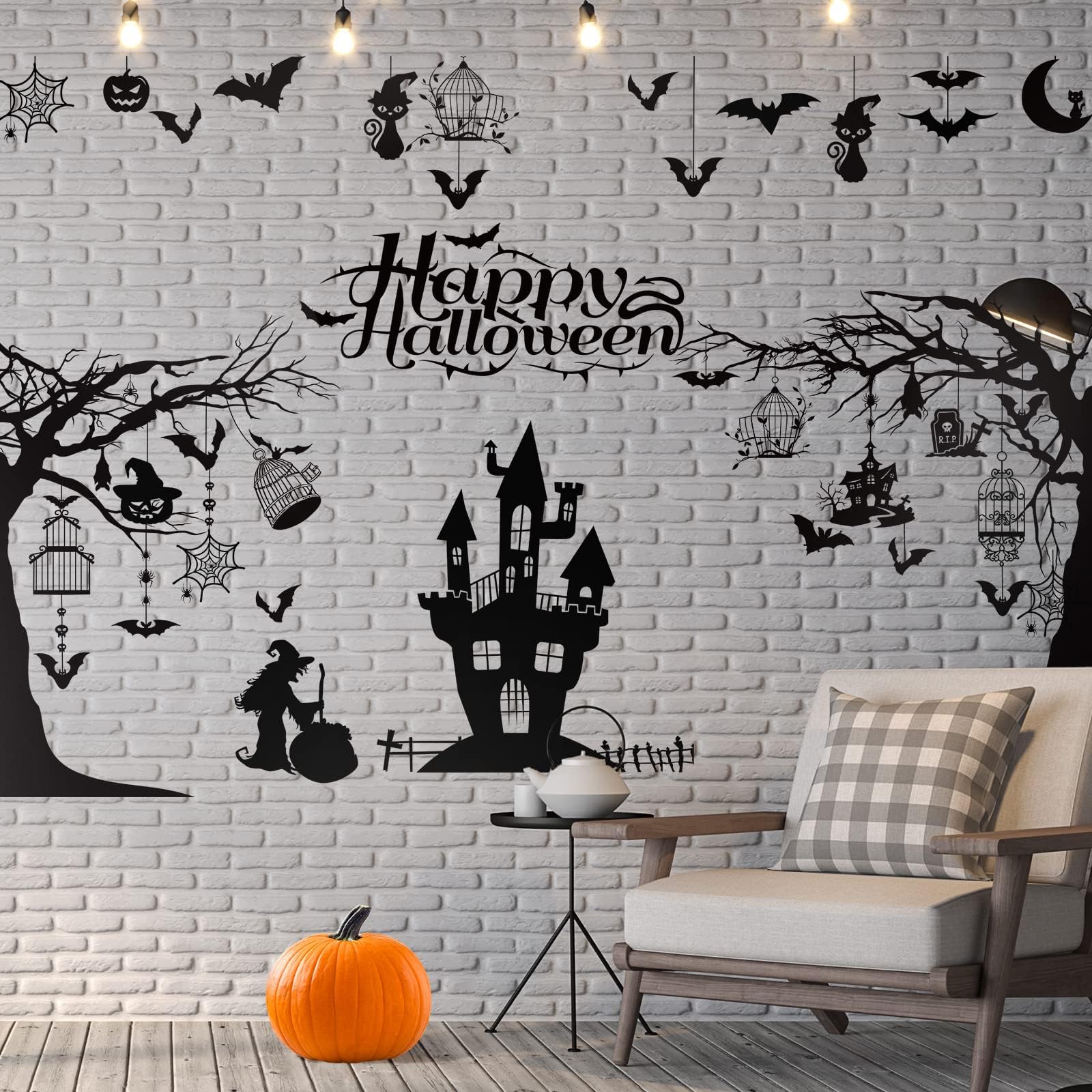 Amazon.com: BooDecal Happy Halloween with Flying Witch and Bats Art ...