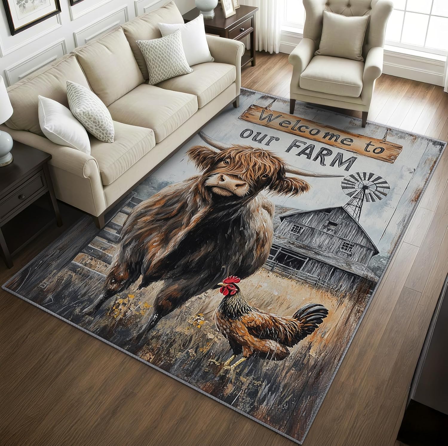 Amazon.com: Phtbz Farm Animal Kitchen Rugs -Highland Cow Rooster Rug ...