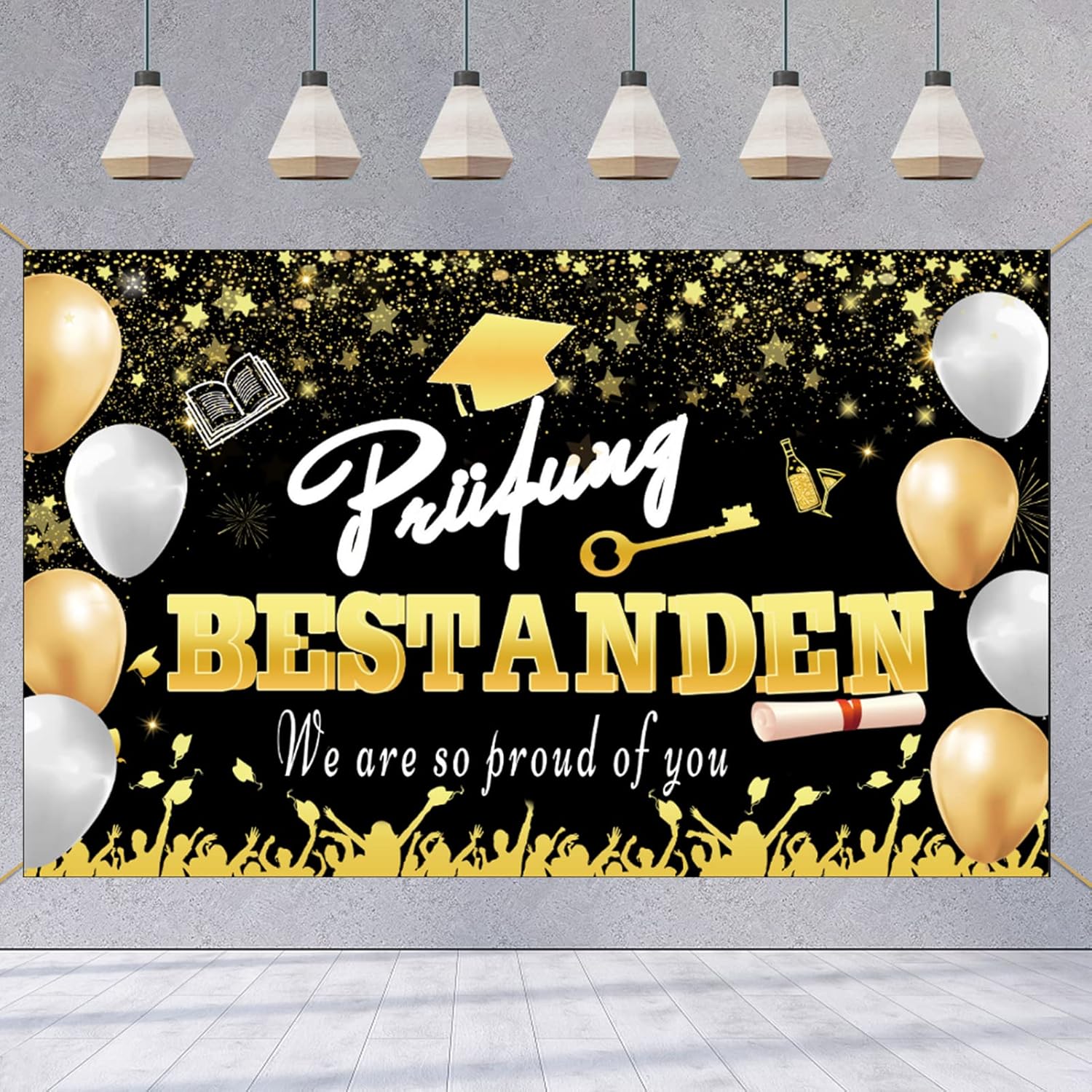 Abschluss Deko, Schwarz Gold Stoff Prüfung Bestanden Hintergrund Banner ...