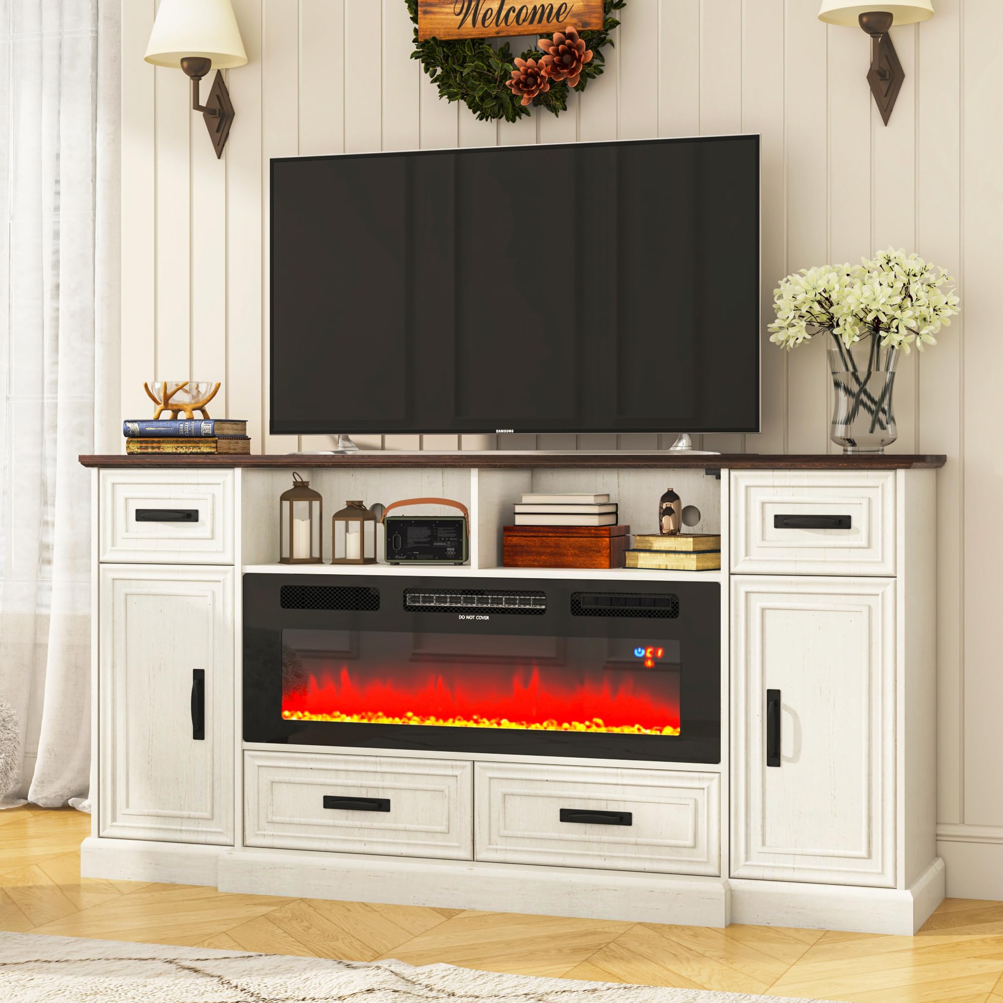 Amazon.com: 70" Farmhouse TV Stand with 40" Fireplace, LED ...