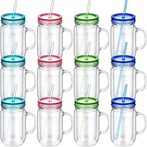 Amazon.com: Sieral 12 Pcs 20 oz Plastic Mason Jars with Handles Lids and Straws Double Insulated ...