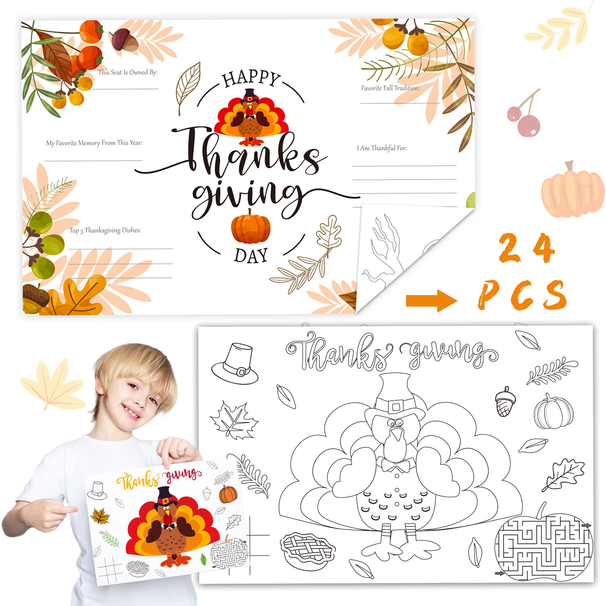 Amazon.com: Thanksgiving Disposable Paper Placemats 24 Pack Fall Turkey ...