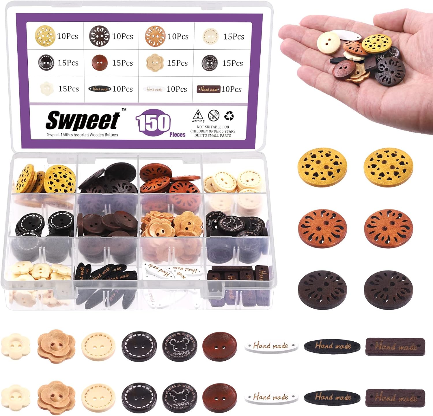Swpeet 150Pcs Assorted Wooden Buttons Set, Mixed Vintage Wood Buttons ...