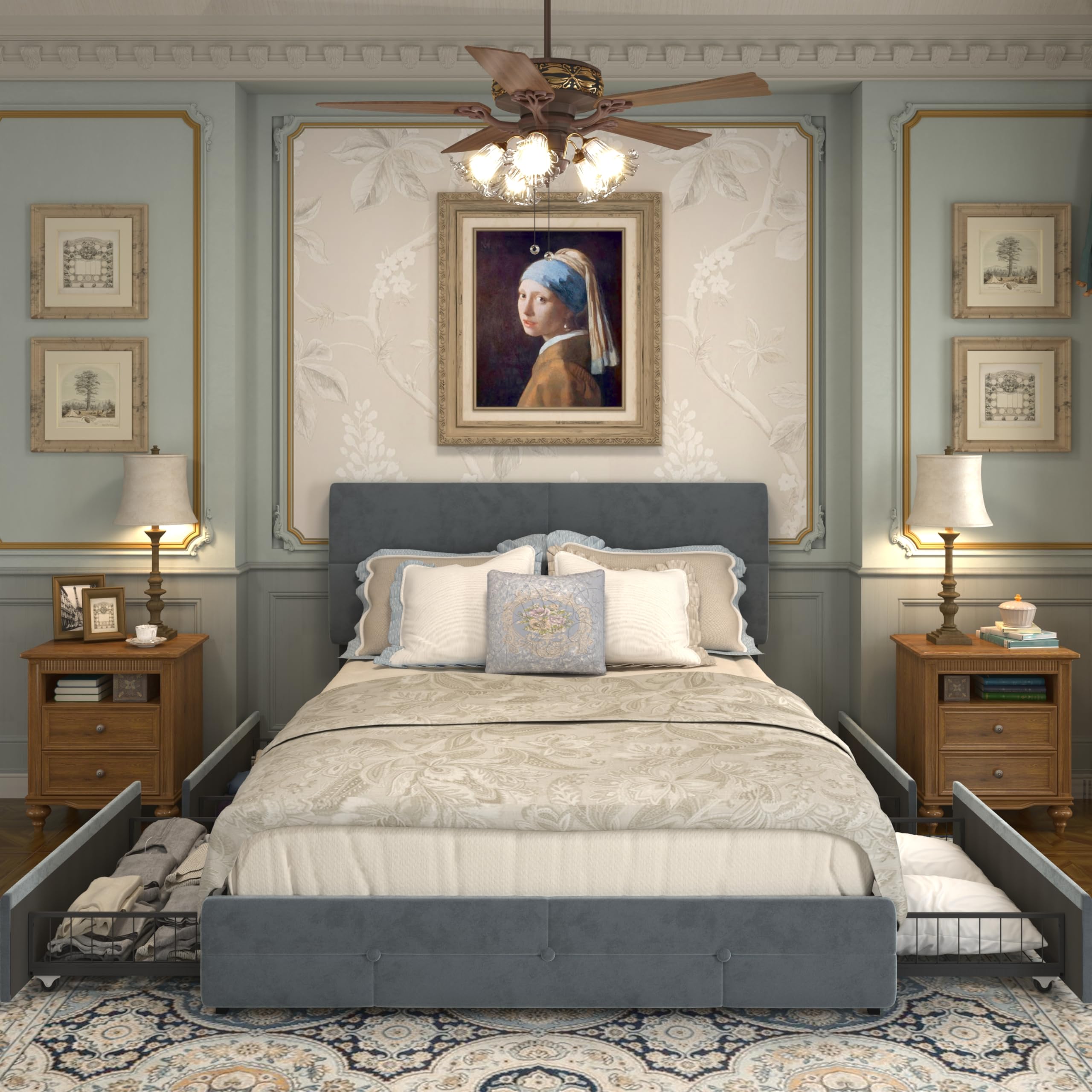 Amazon.com: Chenoa Queen Size Bed Frame with 4 Storage Drawers,Velvet ...