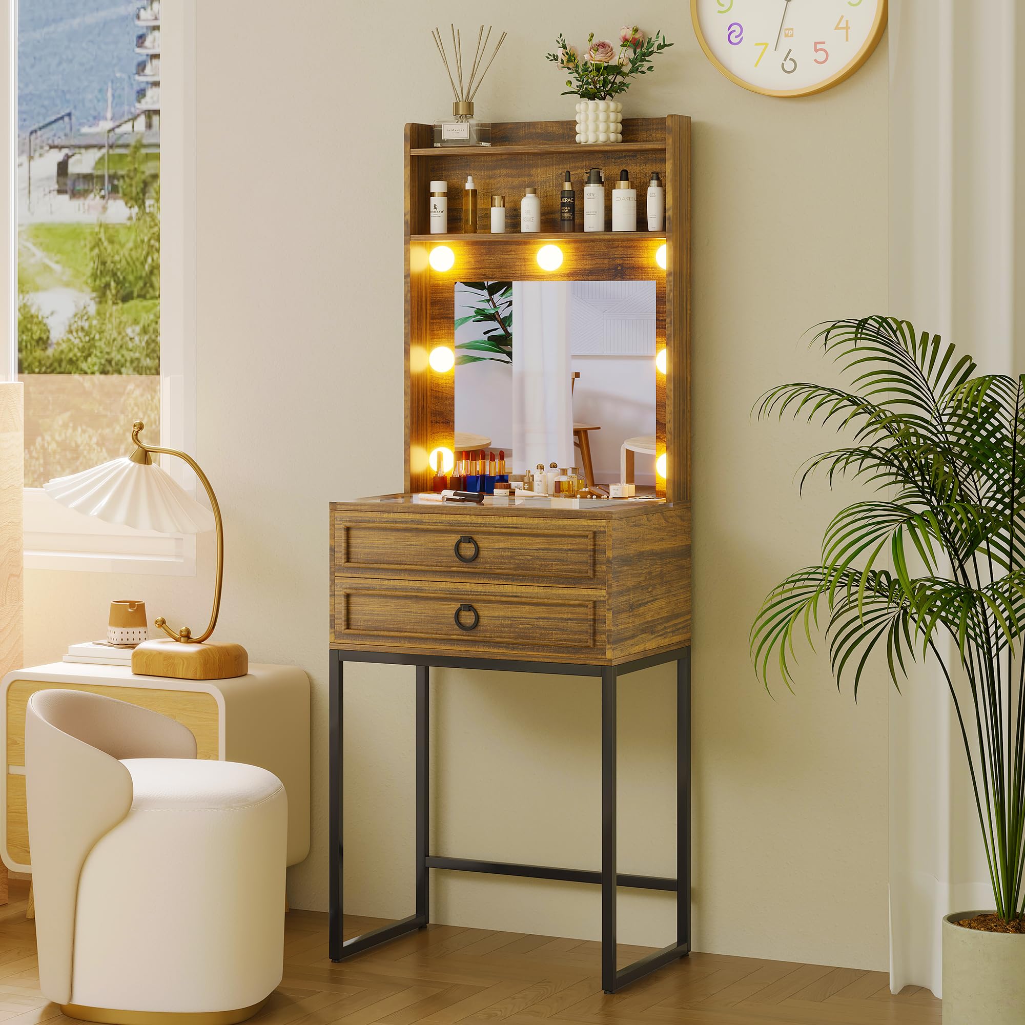 Amazon.com: LVSOMT Small Makeup Vanity with Glass Top, Brown Vanity ...