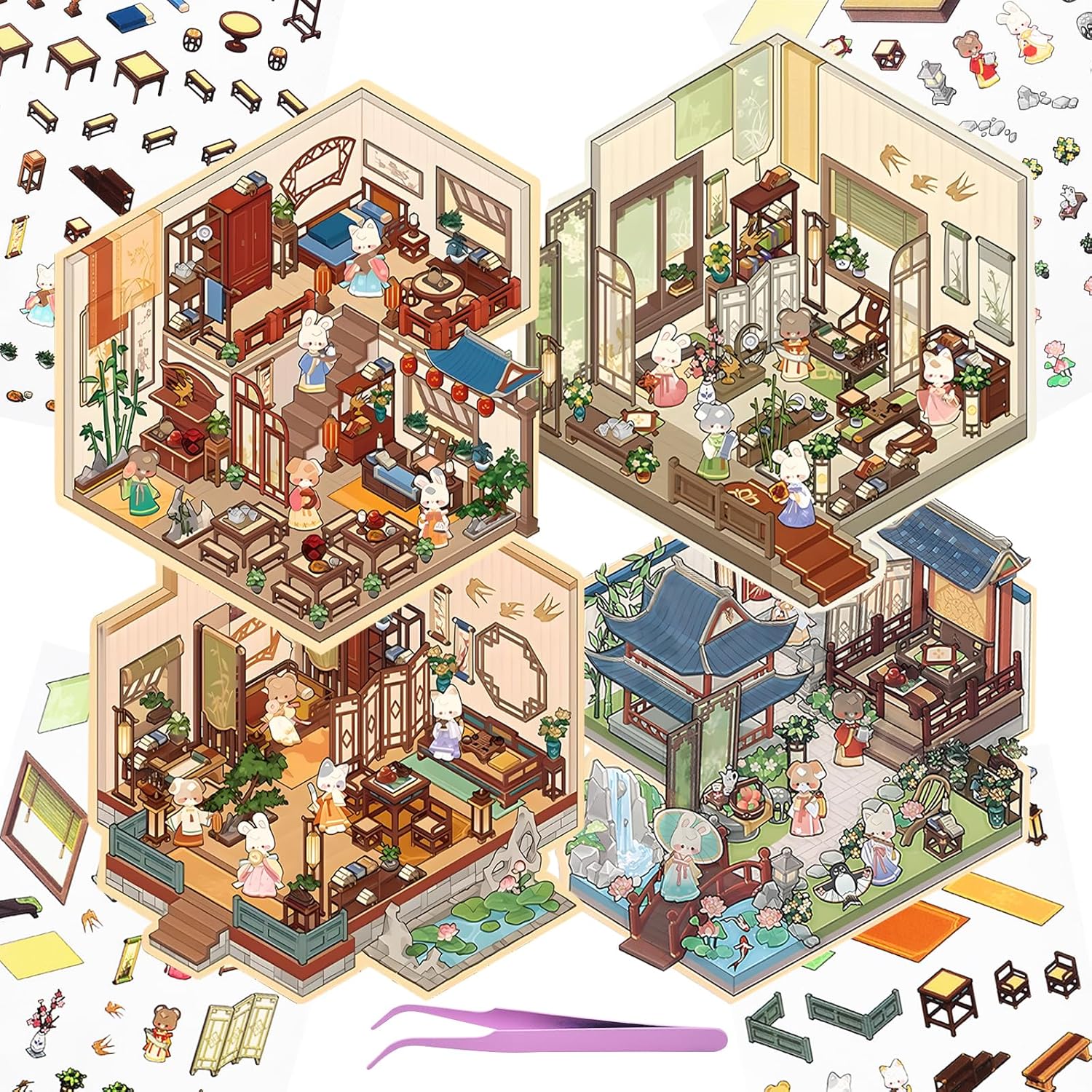 Amazon.com: DIY 3D Fun House Stickers, 4 Sets Miniature Cute Rabbit Room Scene Stickers Make ...