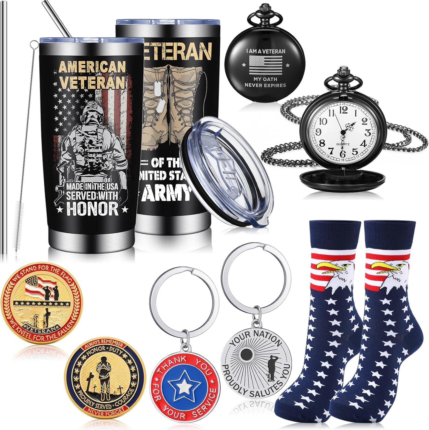 Amazon.com: Misdary 9 Pcs Military Gifts Set for Veterans Army Gifts Travel Tumbler Pocket Watch ...