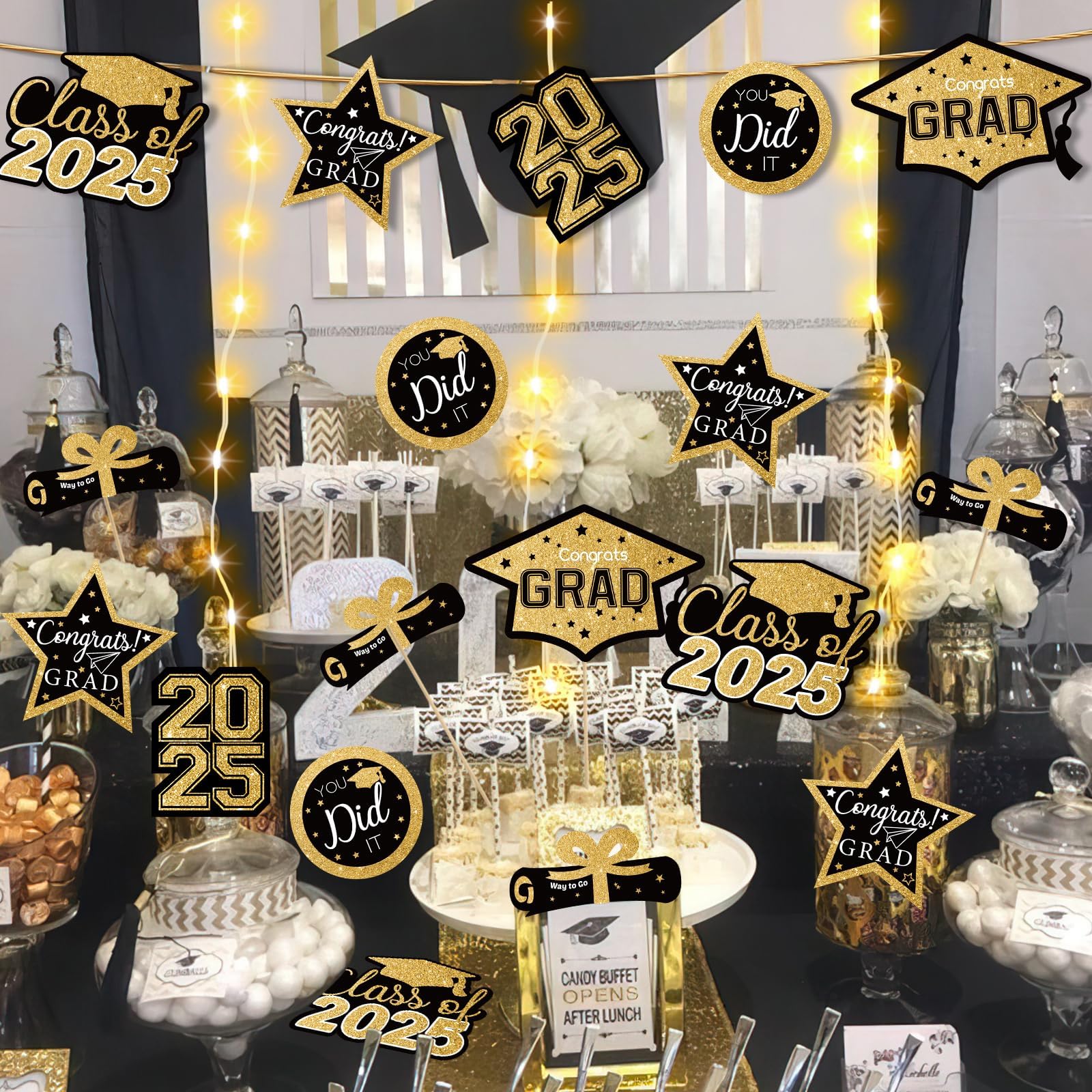 Graduation Black And Gold Reception Tables