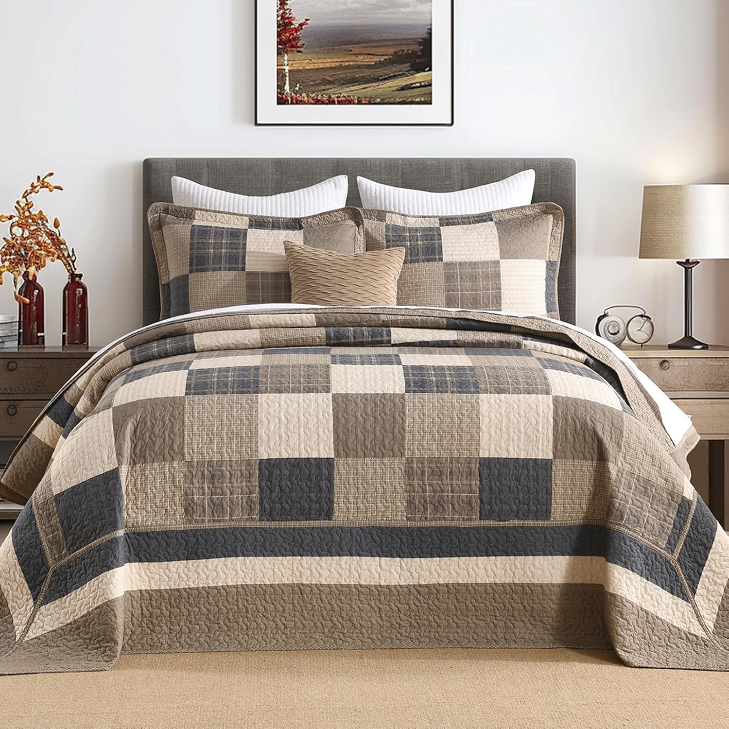 Amazon.com: DUOHONG 100% Cotton 120"x102" Oversized Quilt Bedspread, Plaid Pattern Oversized ...