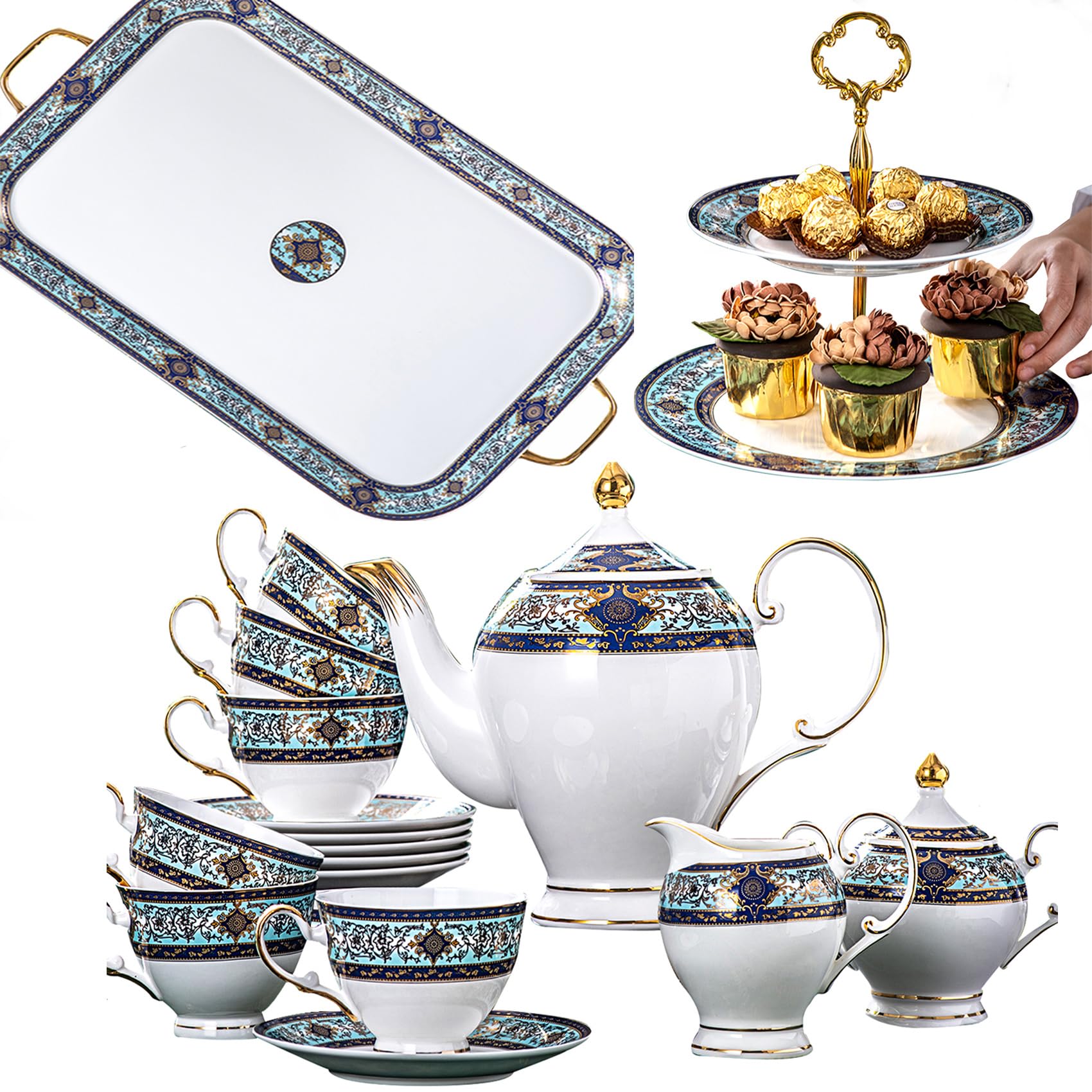 Amazon.com | LE POTOCIO Euro Style Bone China Tea Set, 2-Tier Afternoon ...