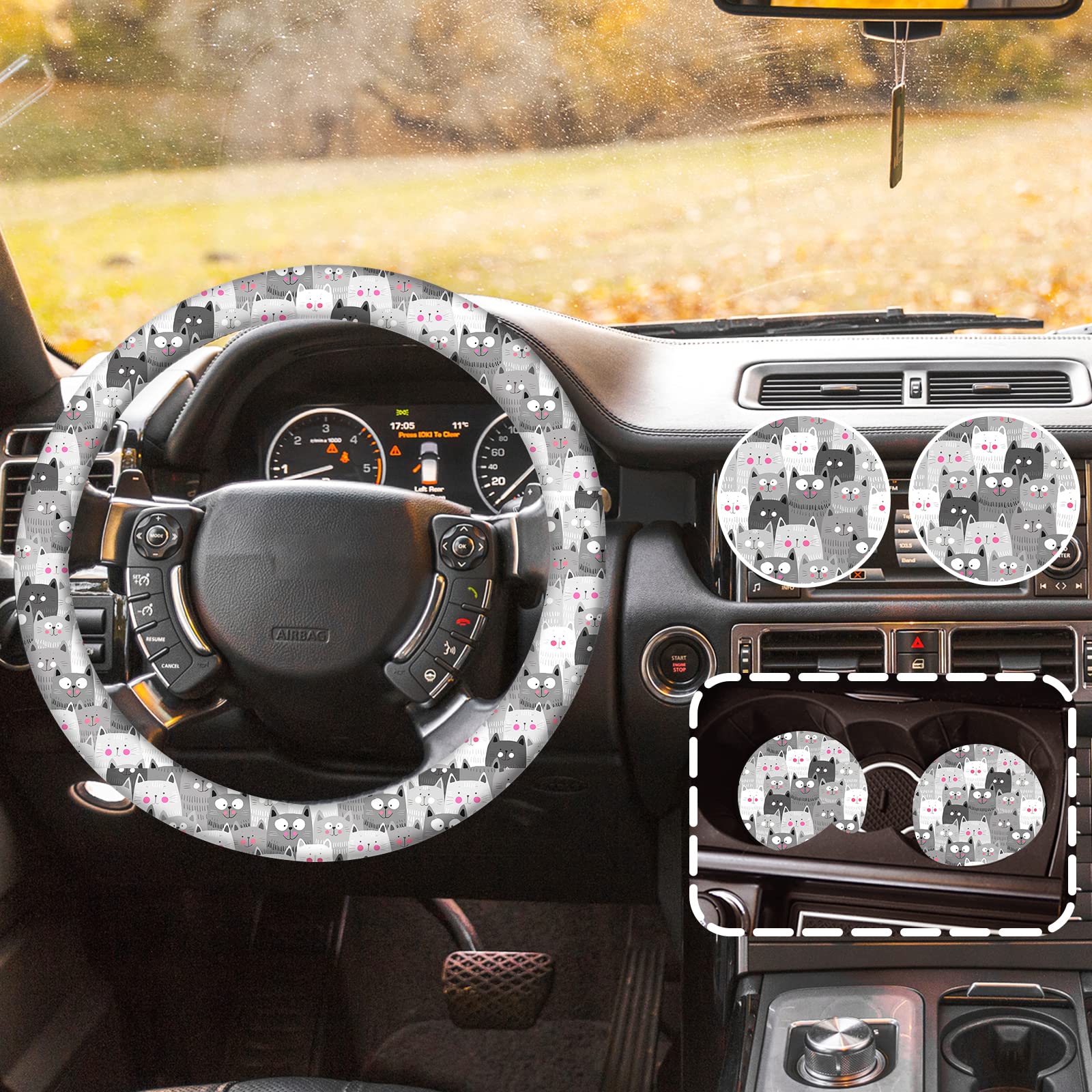 Grey Cute Cat Steering Wheel Cover with 2Pcs Car Coasters for Women ...