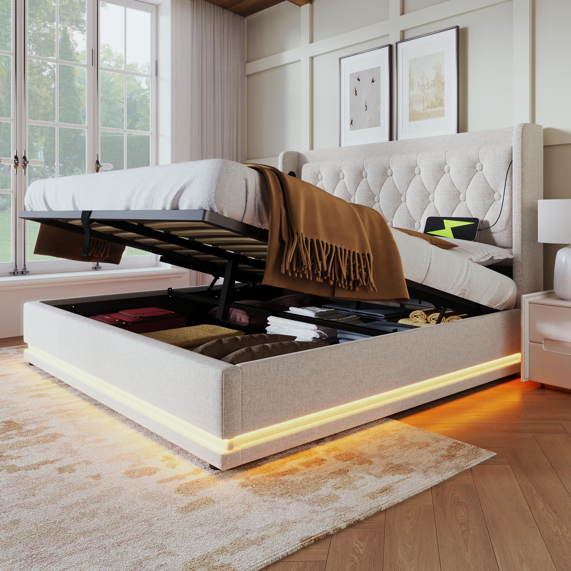 Headboard Bed Storage Unit Ottoman Double Bed With Storage & Headboard