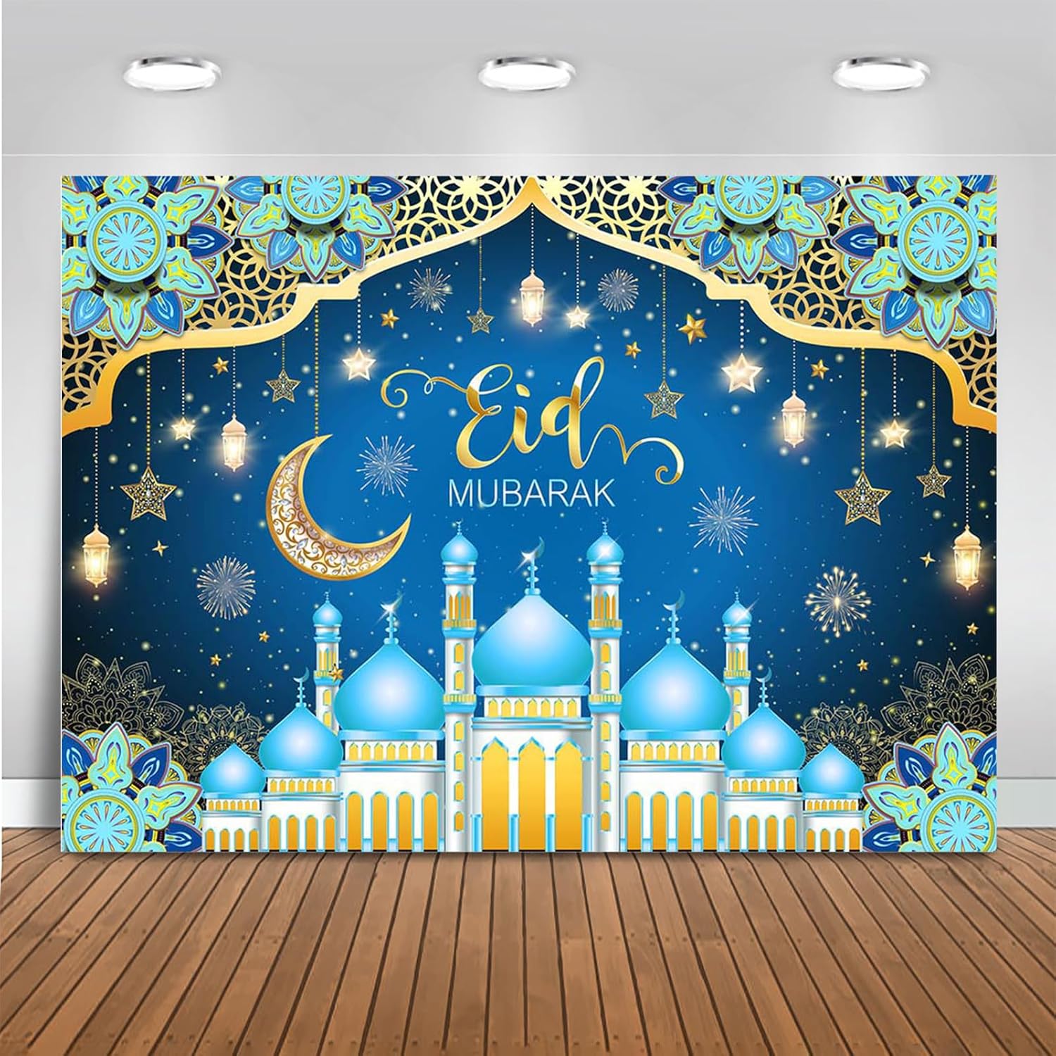 Amazon.com : Mocsicka Blue Cotton Eid Mubarak Backdrop, 7x5ft(82''x60 ...