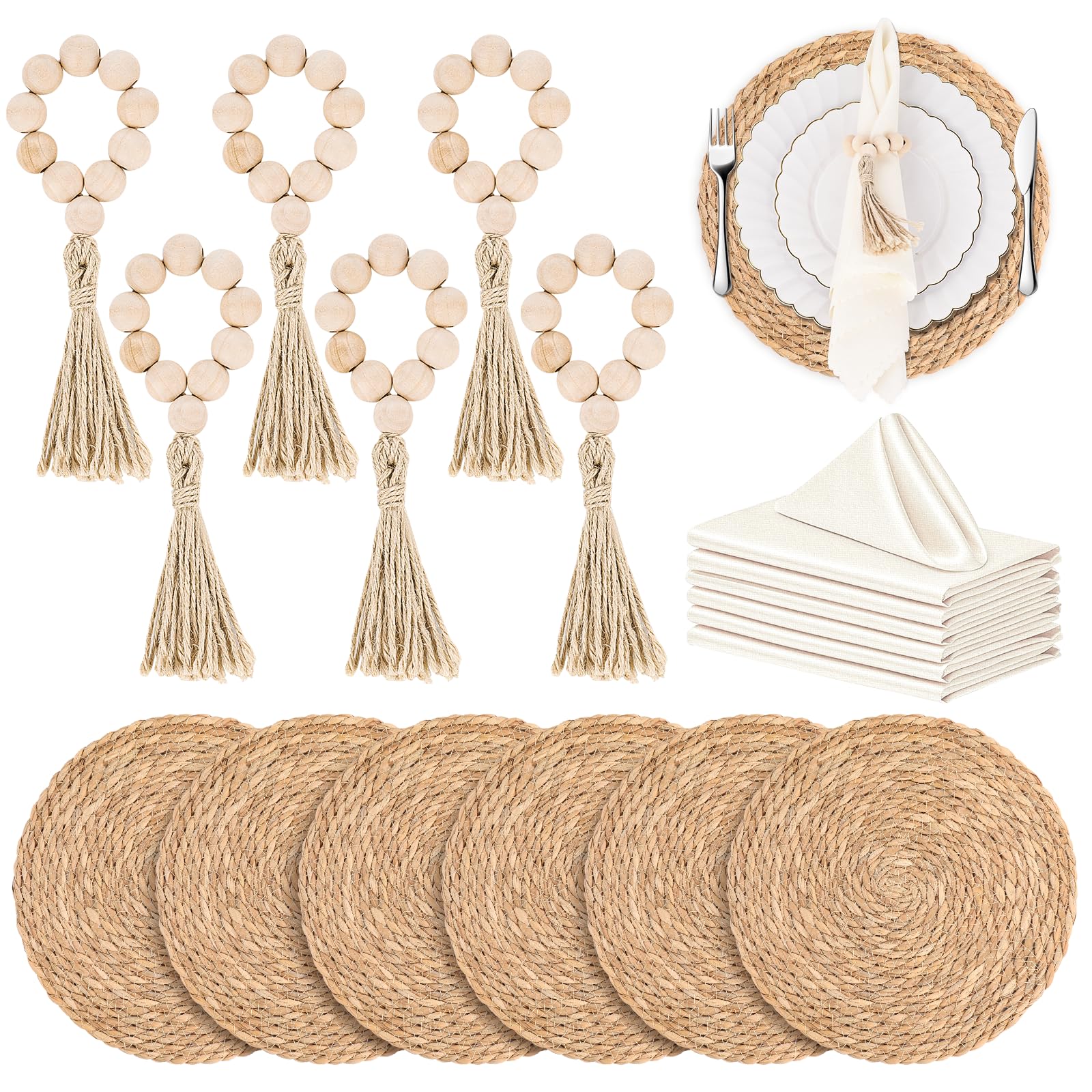 Amazon.com: 18 Pcs Boho Woven Placemats, Wood Bead Napkin Rings, and ...