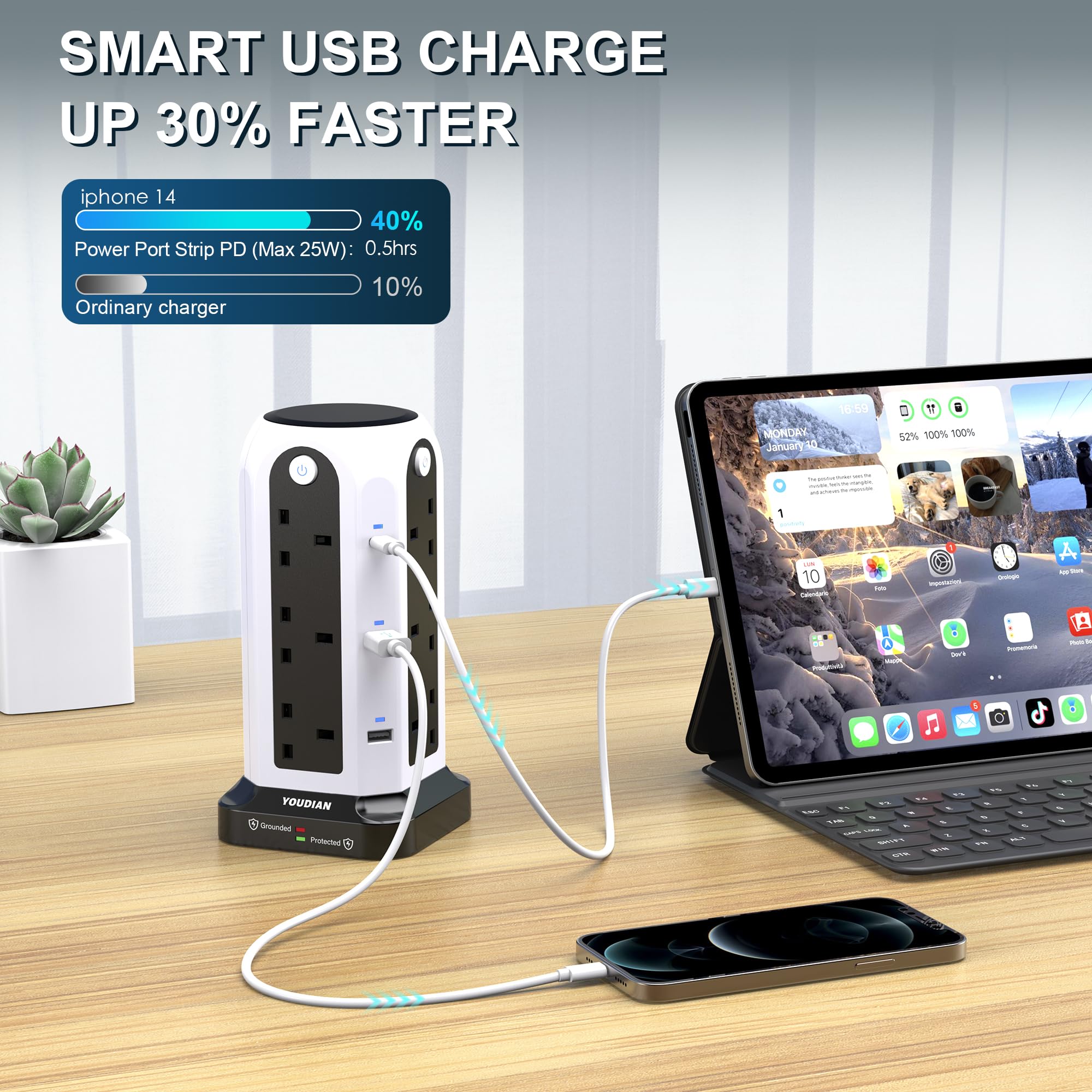 Tower Extension Lead with USB Slots,12 Way Multi Plug Extension Tower ...