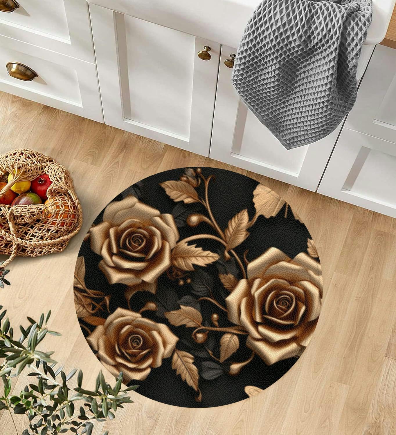 Amazon.com: Small Round Area Rugs 2 Feet Gold Forged Rose a Black 3D ...