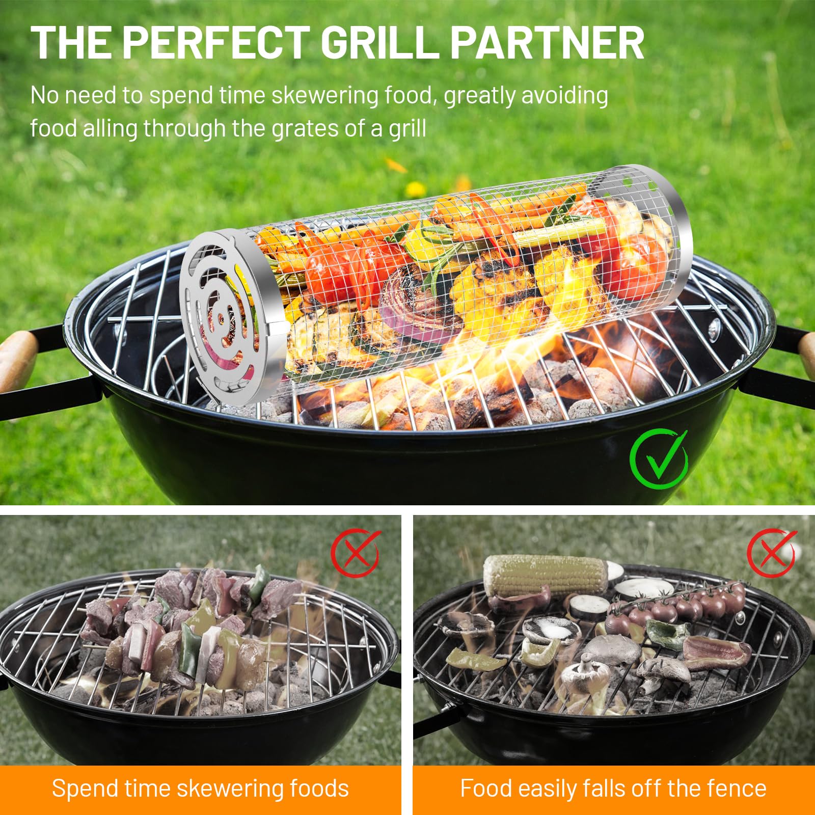 BBQ Net Tube, Rolling BBQ Grilling Basket, Round Stainless Steel ...