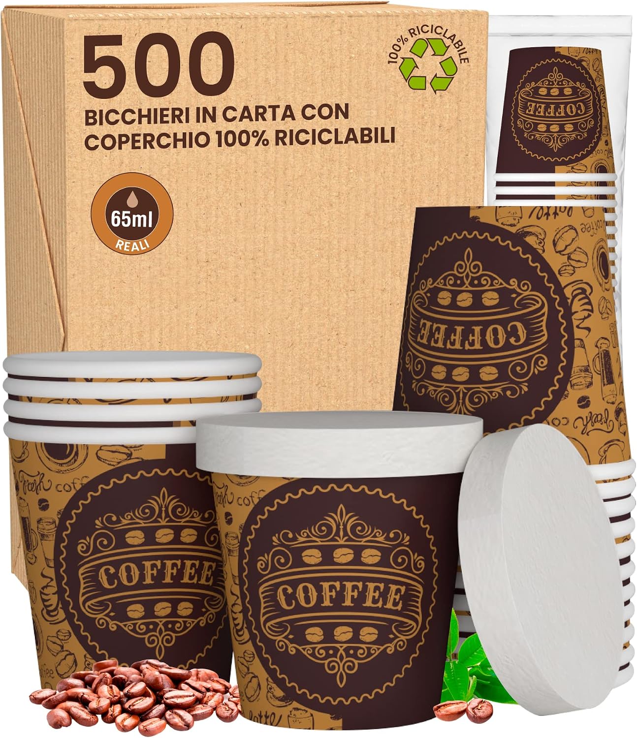 500 Bicchierini in Carta per caffè 65ml ASPORTO PubCUP con COPERCHIO in ...