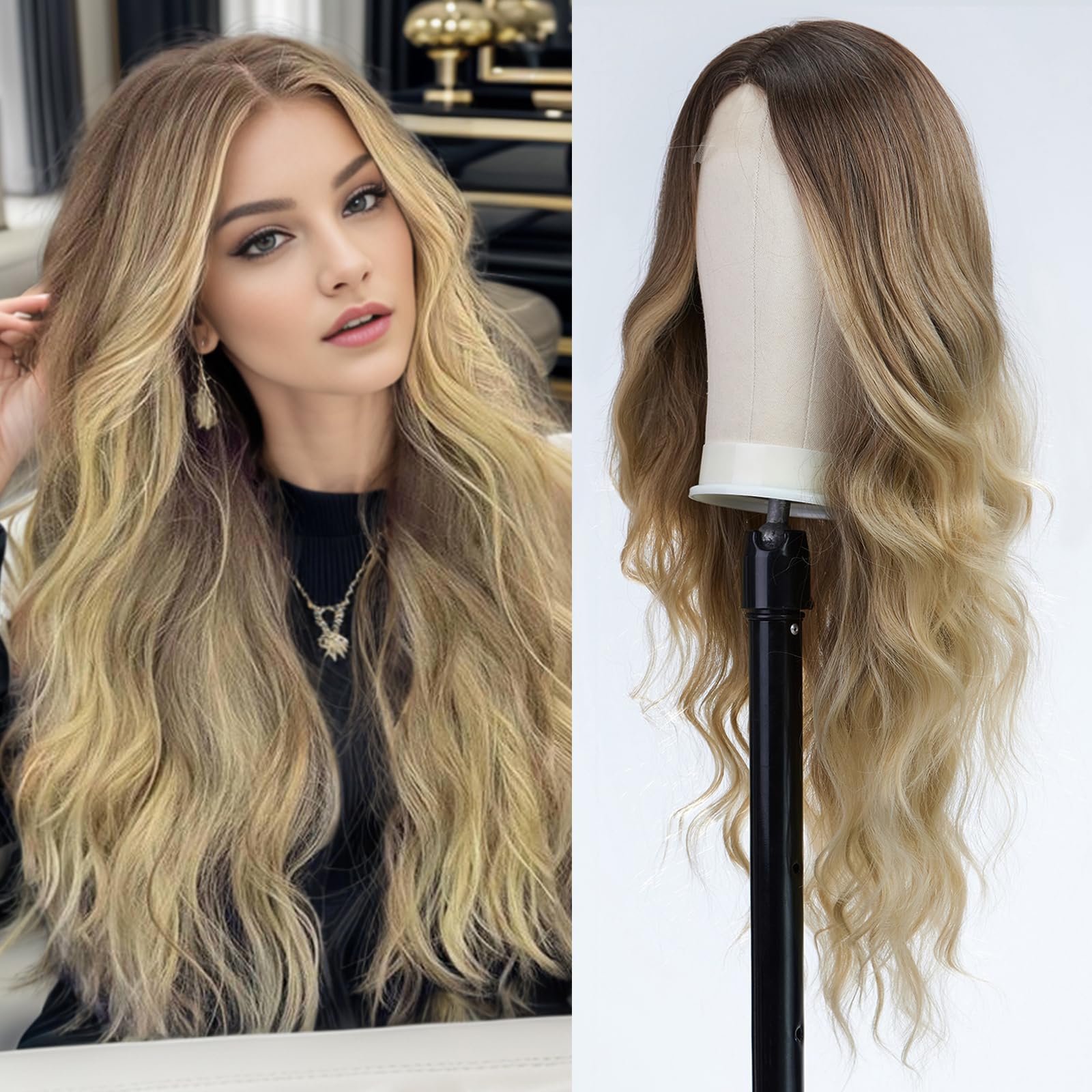 Amazon.com : Bohuida Ombre Wig 26 Inch Middle Part Long Ombre Blonde ...