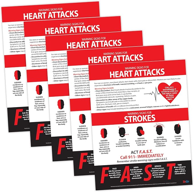 Symptoms of Heart Attack and Stroke Posters (5 Pack) - Laminated, 17 x ...