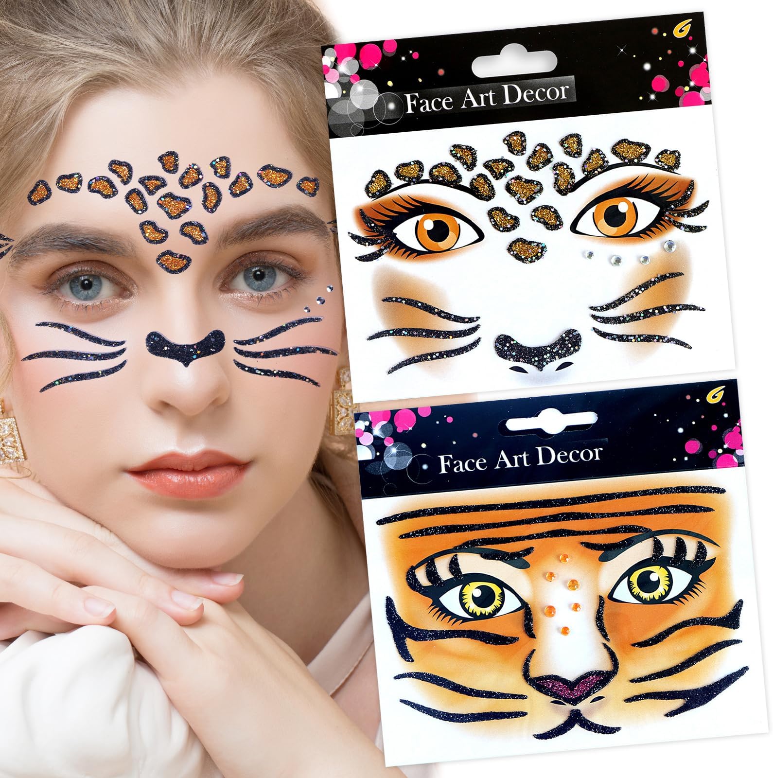 Amazon.com : Tiger and Leopard Glitter Face Stickers Set-2Pcs Eye Body ...