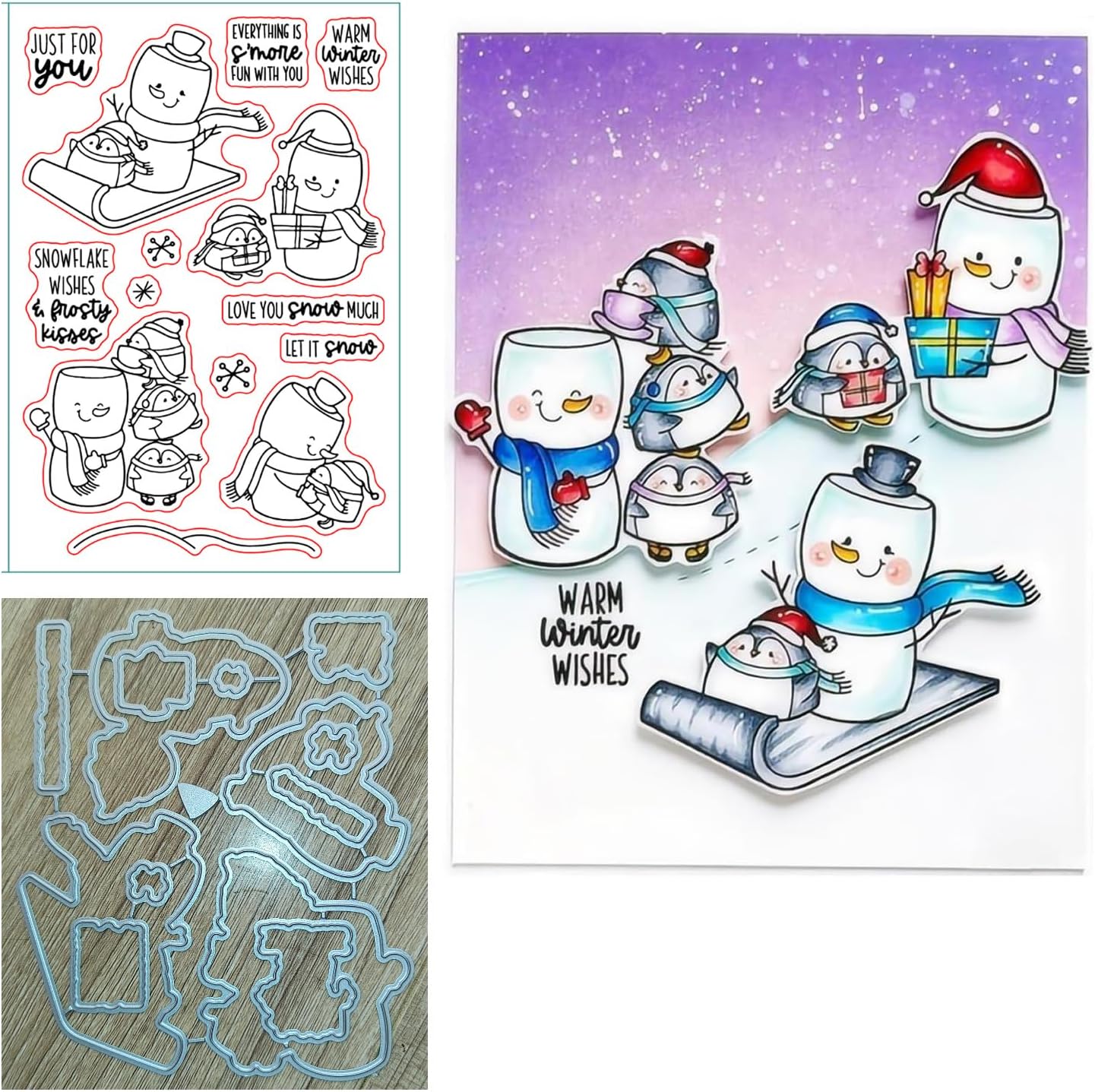 Amazon.com: Snowman Penguin Stamps and Dies Set for Card Making,Clear ...