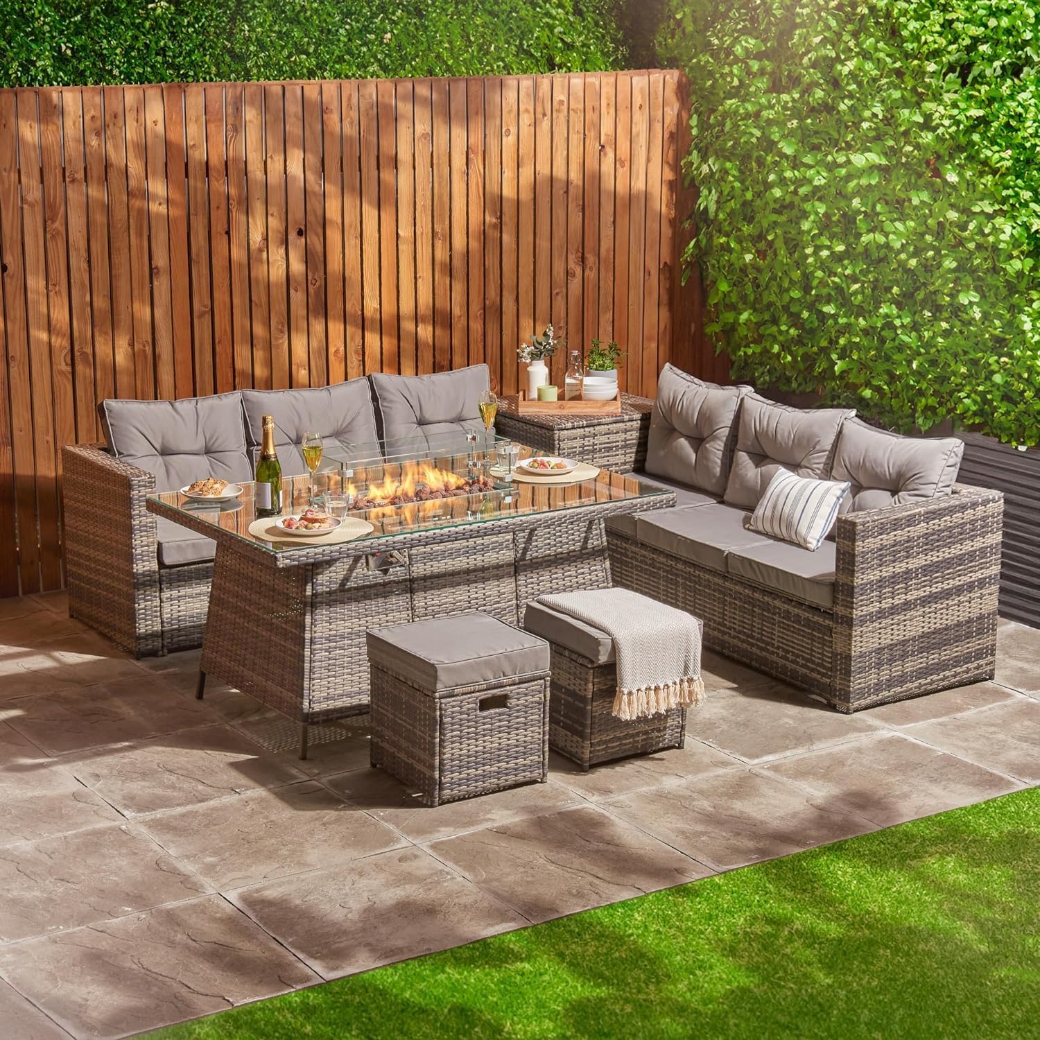 Rattan Garden Furniture With Fire Pit Table | 6 Piece 8 Seater Outdoor ...
