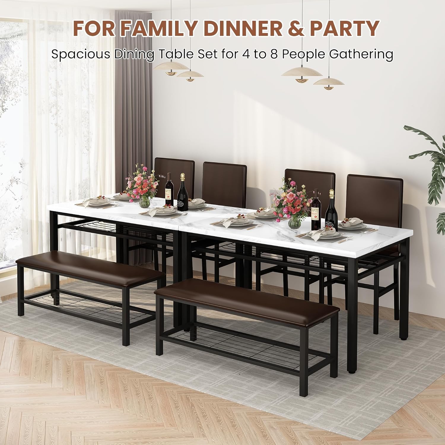 Lamerge Kitchen Table Chairs Set of 4 with Bench, Faux Mable Dining ...