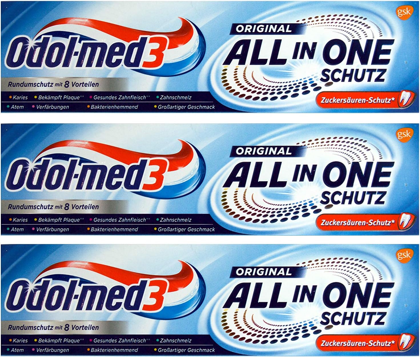 3x Odol-Med 3 Zahnpasta All in One Original, 75 ml Zuckersäuren-Schutz ...