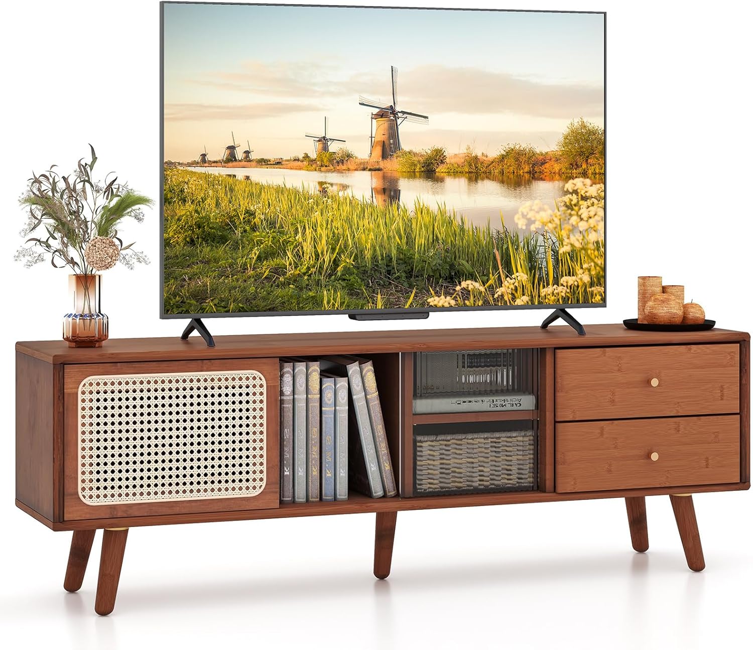 Amazon.com: Giantex Bamboo TV Stand for TVs up to 65”, PE Rattan Media ...