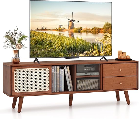 Amazon.com: Giantex Bamboo TV Stand for TVs up to 65”, PE Rattan Media ...