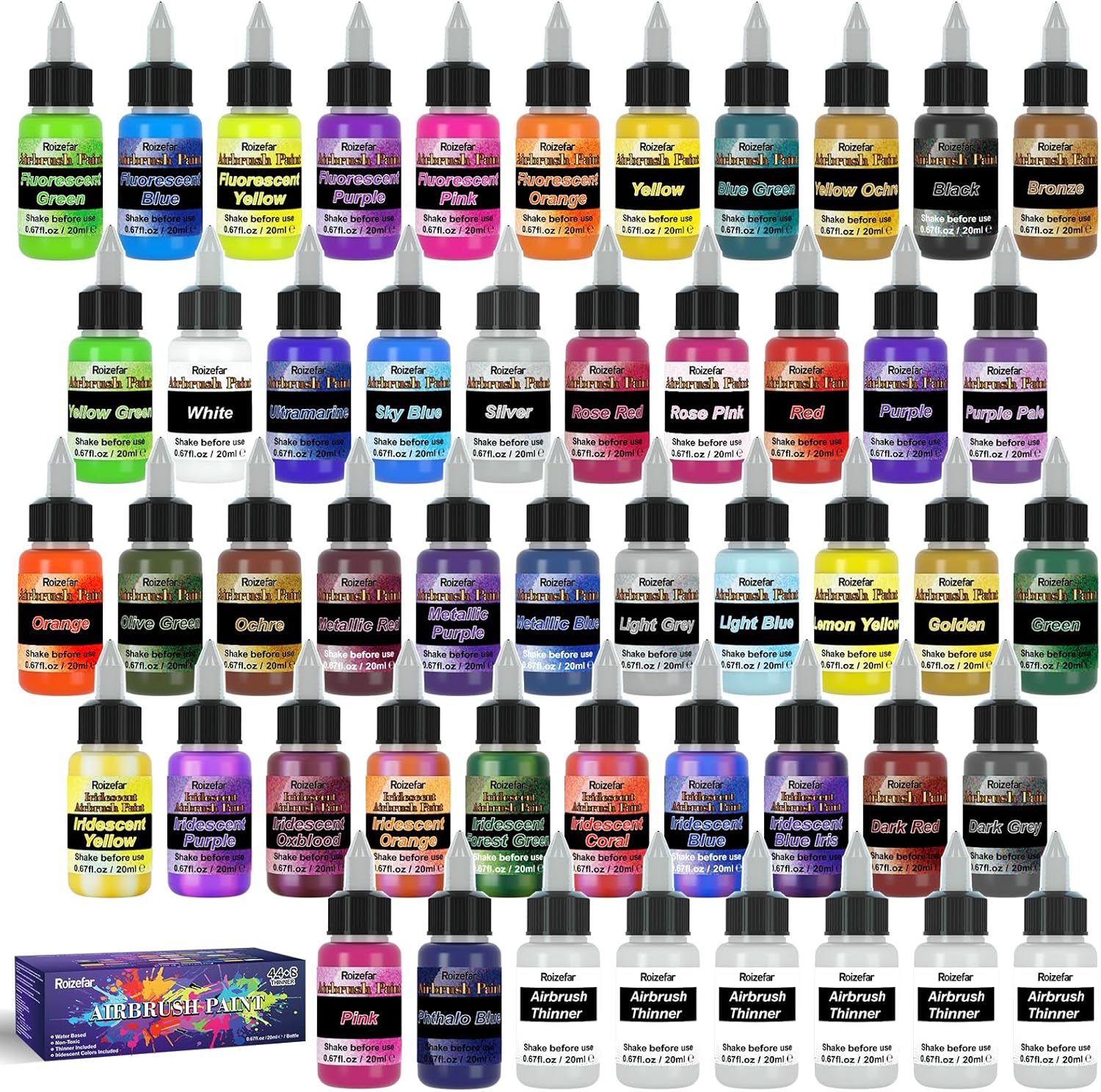 Roizefar Airbrush Paint, Airbrush Paint Kit 44 Acrylic Paints + 6 ...