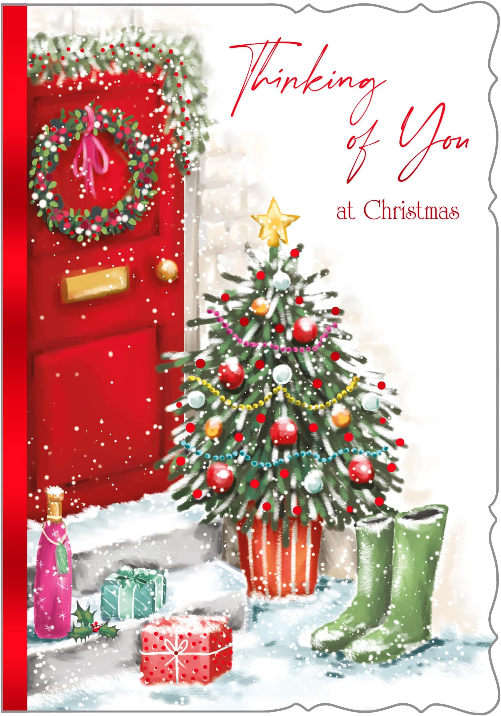 Thinking of You Christmas Card - Red Door, Wreath & Tree Red Foil 7.5x5 ...