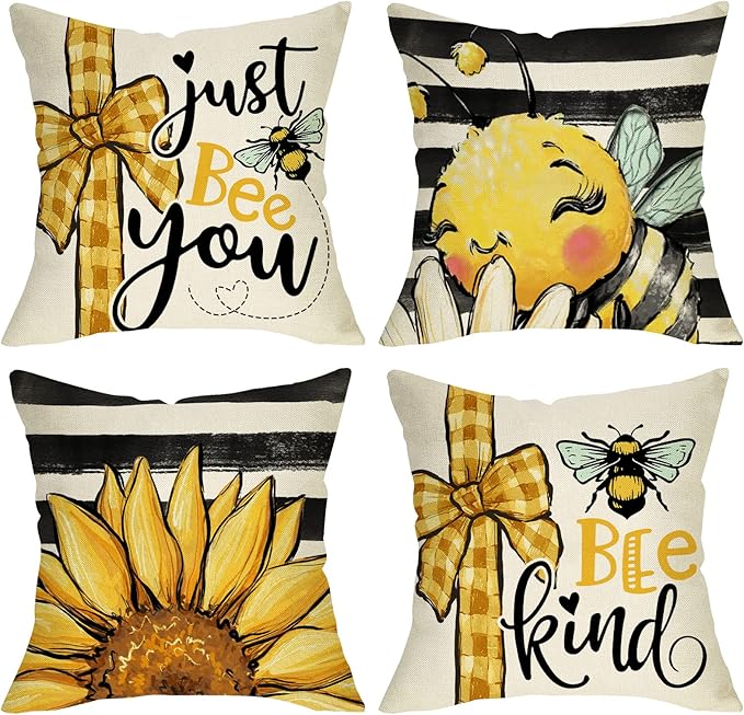 Amazon.com: Fjfz Spring Summer Bumble Bee Sunflower Decorative Throw ...