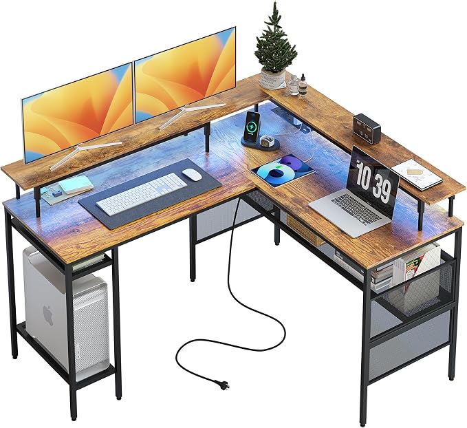 Amazon.com: WASAGUN L Shaped Gaming Desk with Power Outlets & LED ...