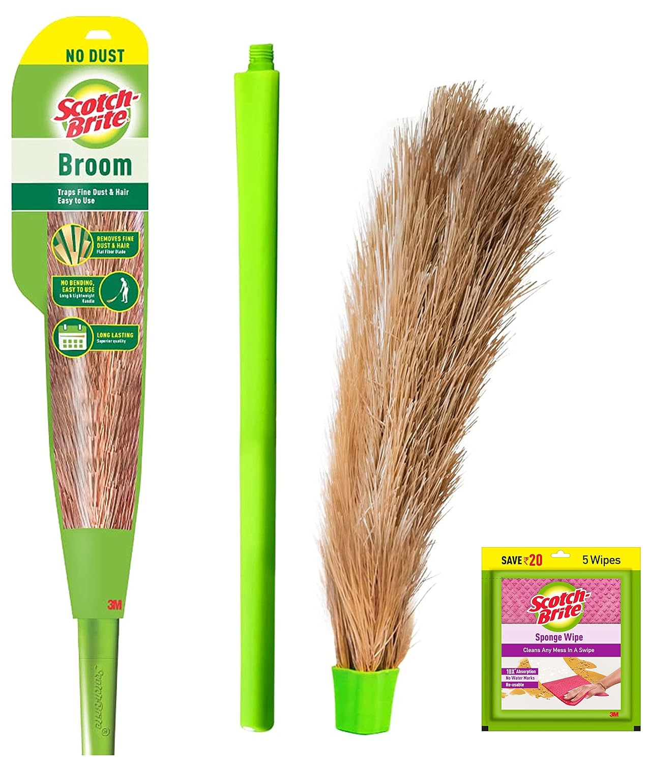 Scotch-Brite No-Dust Fiber Broom (Multi-Purpose, Green) & Sponge Wipe 5 ...