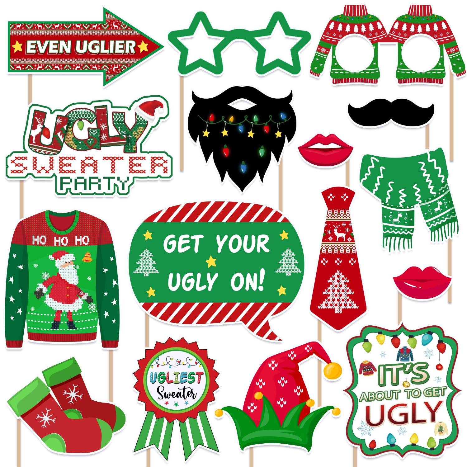 Amazon.com: 16 Pcs Ugly Sweater Photo Booth Props, Holiday and ...